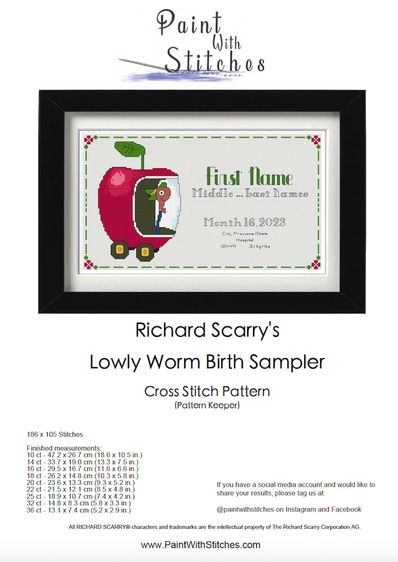 Lowly Worm Birth Sampler Cross Stitch Pattern: Richard Scarry Nursery ...