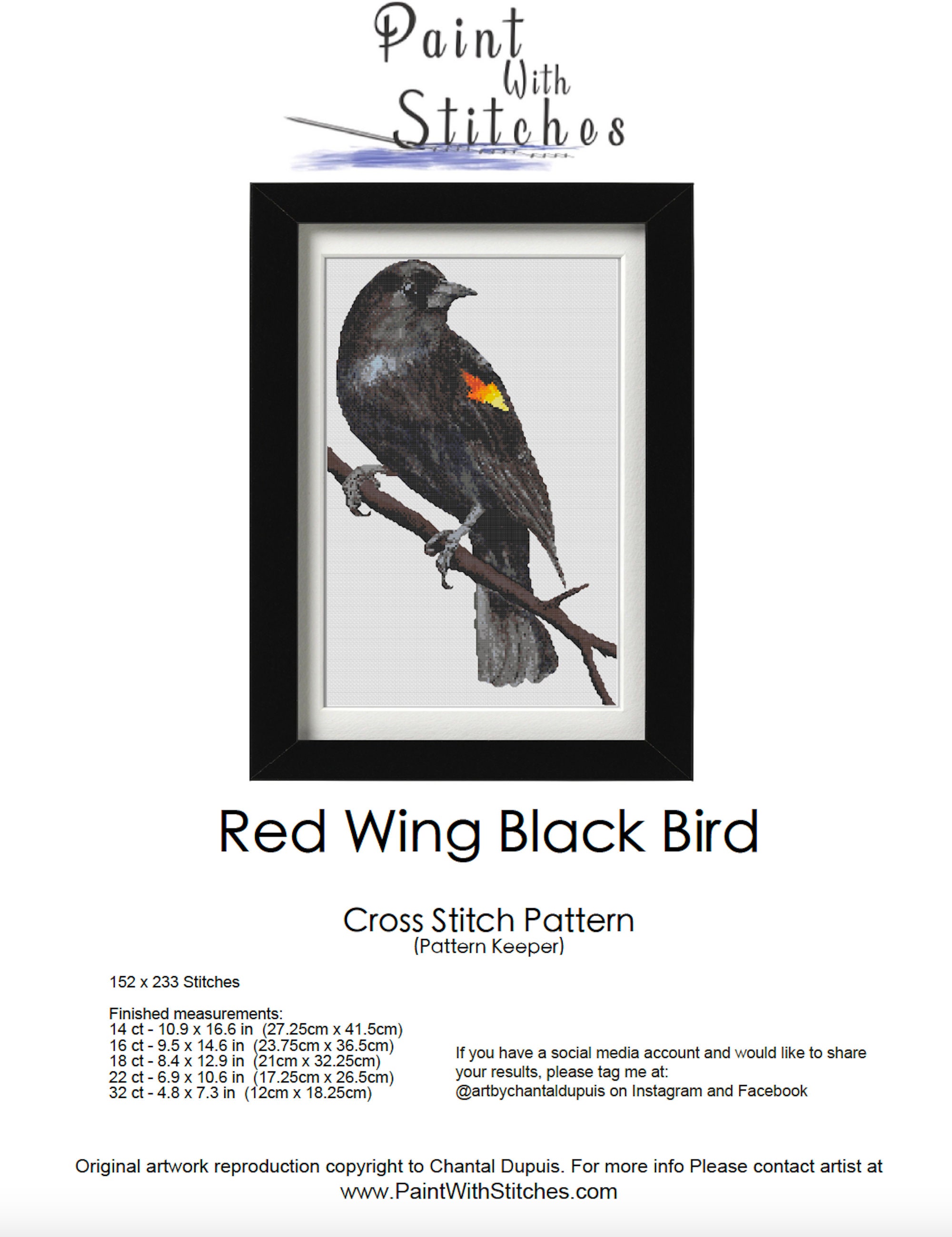Cross Stitch Pattern PDF Red Wing Black Bird Original Art Printable ...