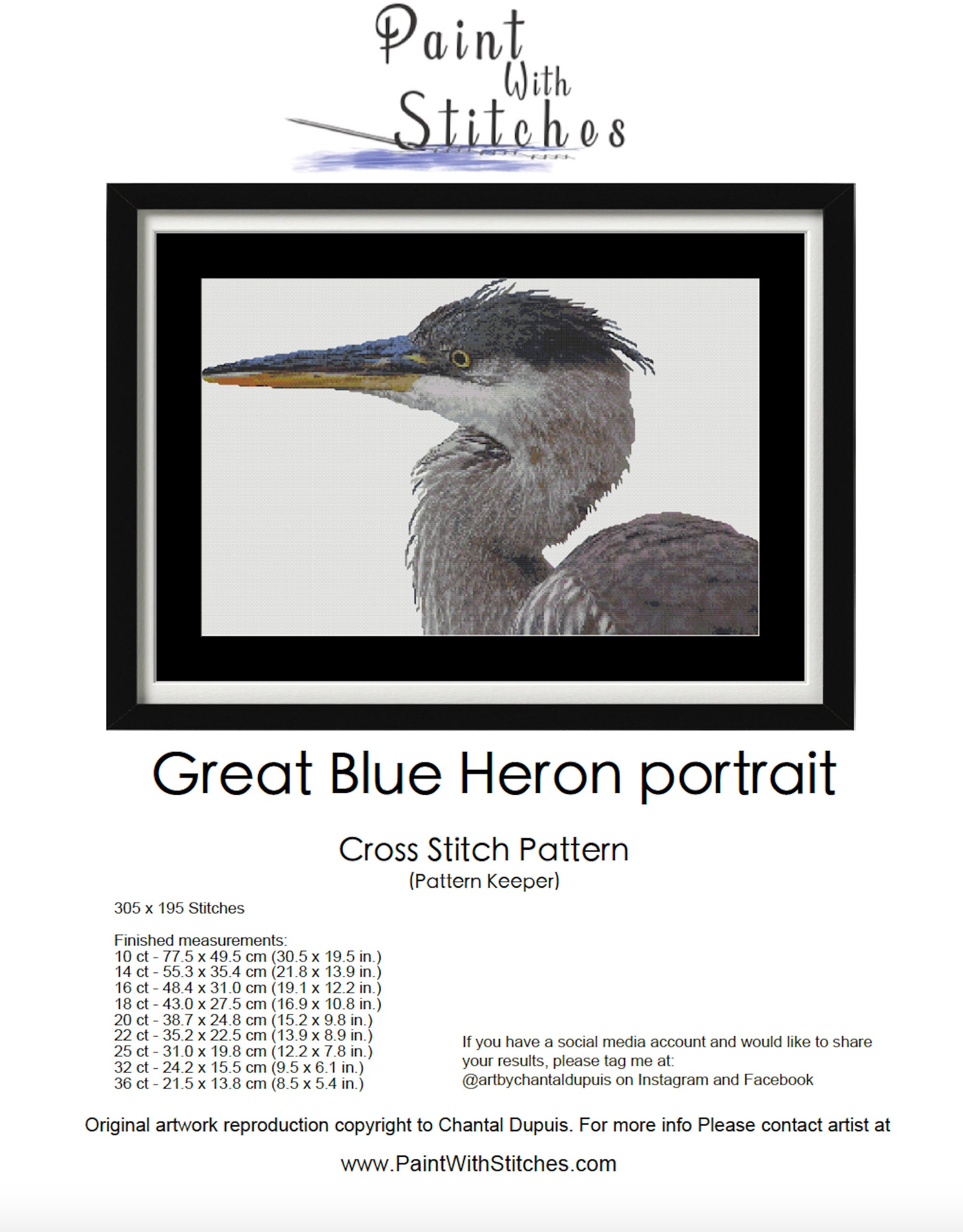 Blue Heron Cross Stitch – Bird Portrait, Original Art (PDF Pattern ...