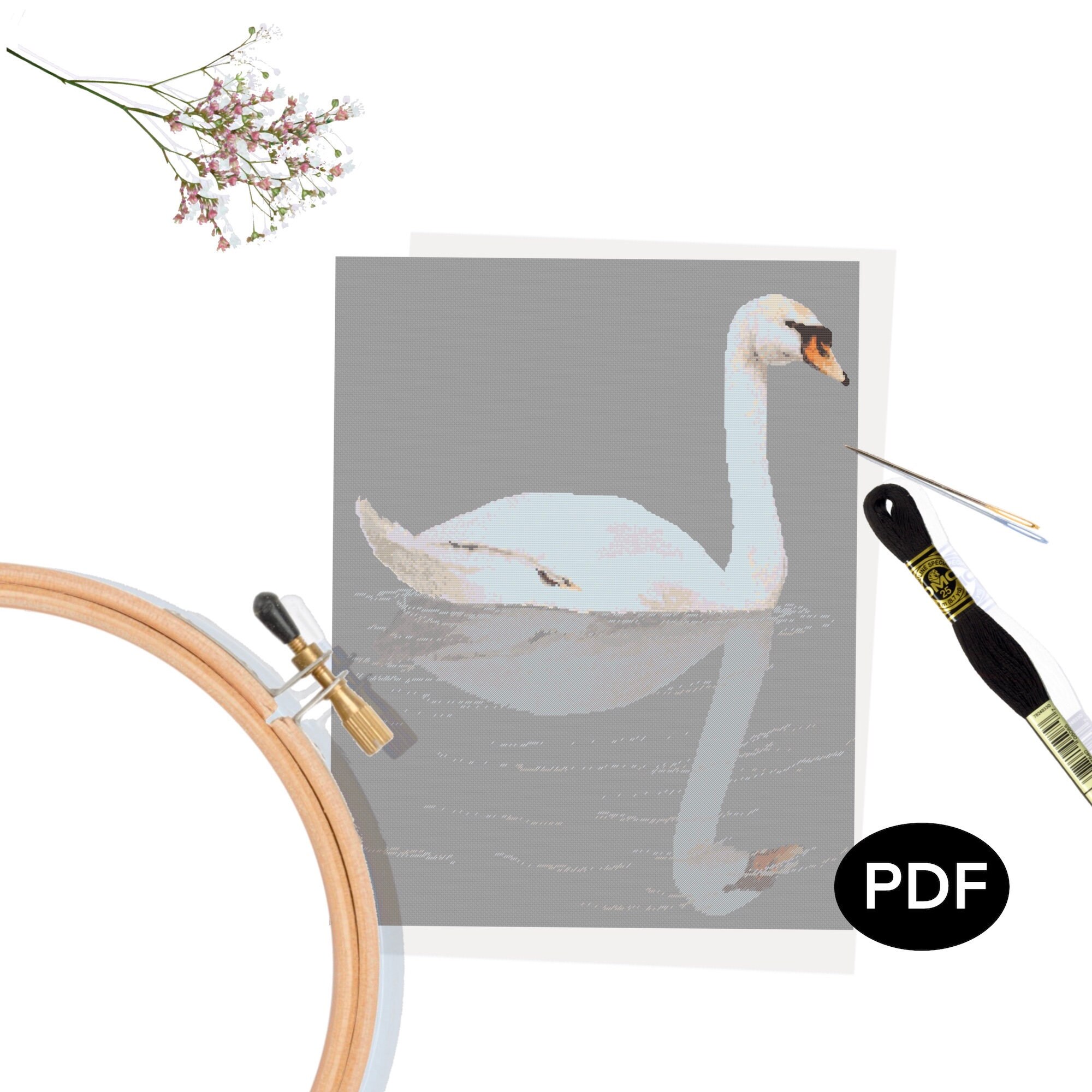 Chart Counted Cross Stitch Pattern Needlework PDF Reflection Swan Bird ...