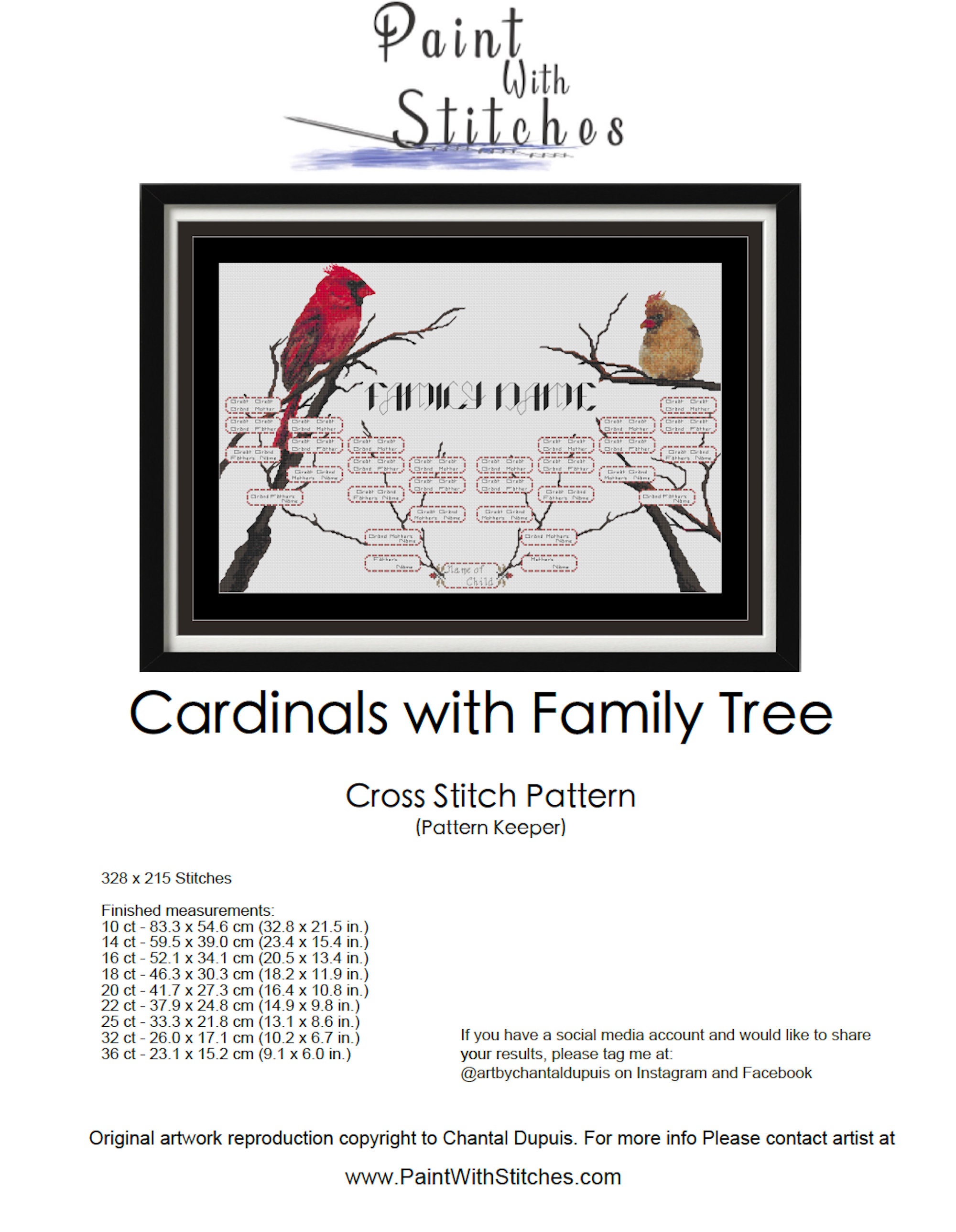 Cross Stitch Pattern PDF - Red Cardinal Couple With 5 Generations ...