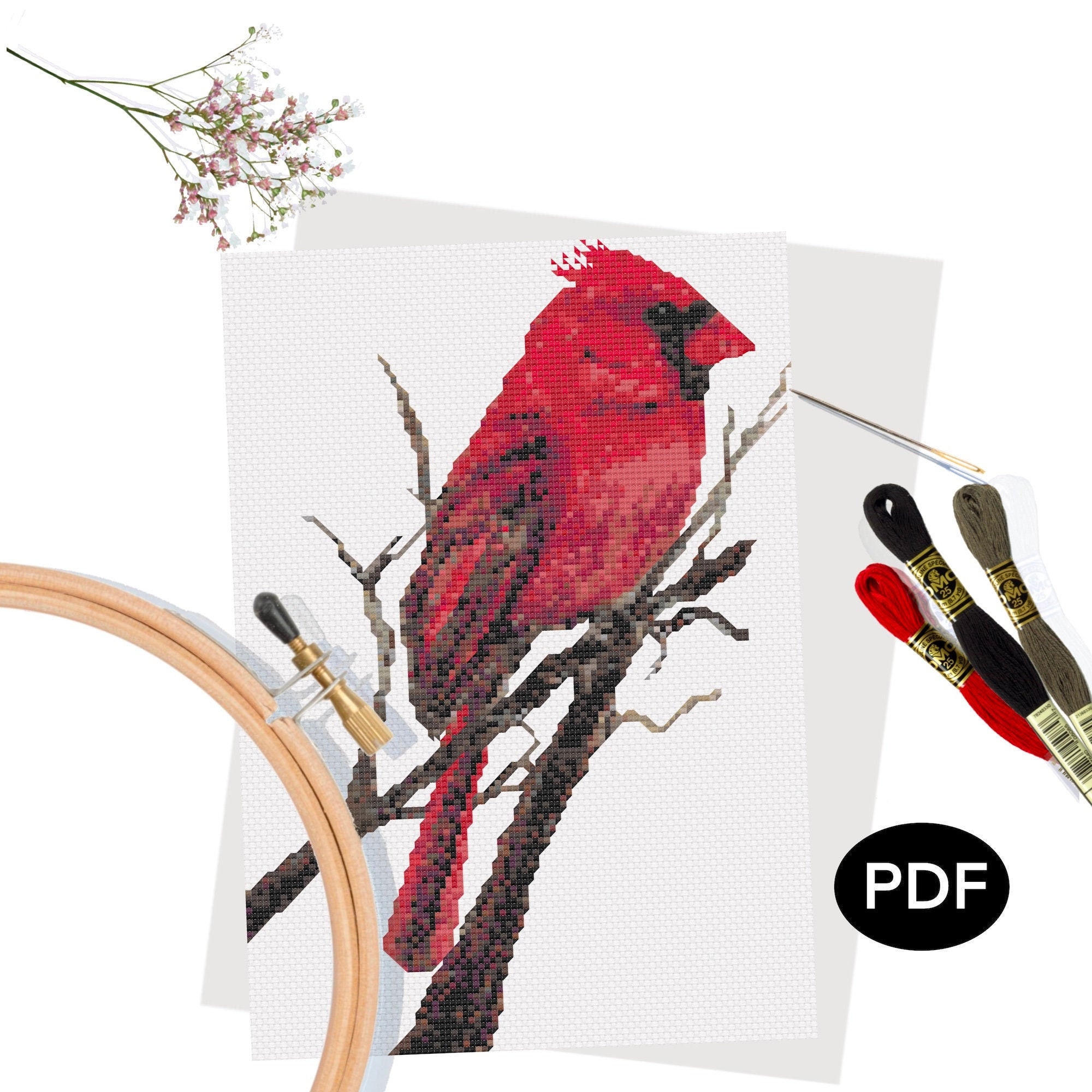 Cross Stitch Pattern PDF Red Cardinal on Branch Original Art Printable ...