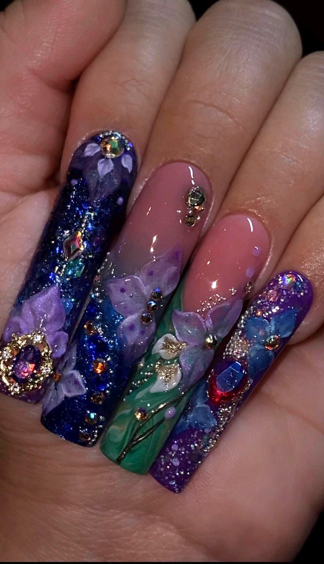Custom Press on Nails With 3d Flowers, Glitter,zirconia Charms,crystals ...