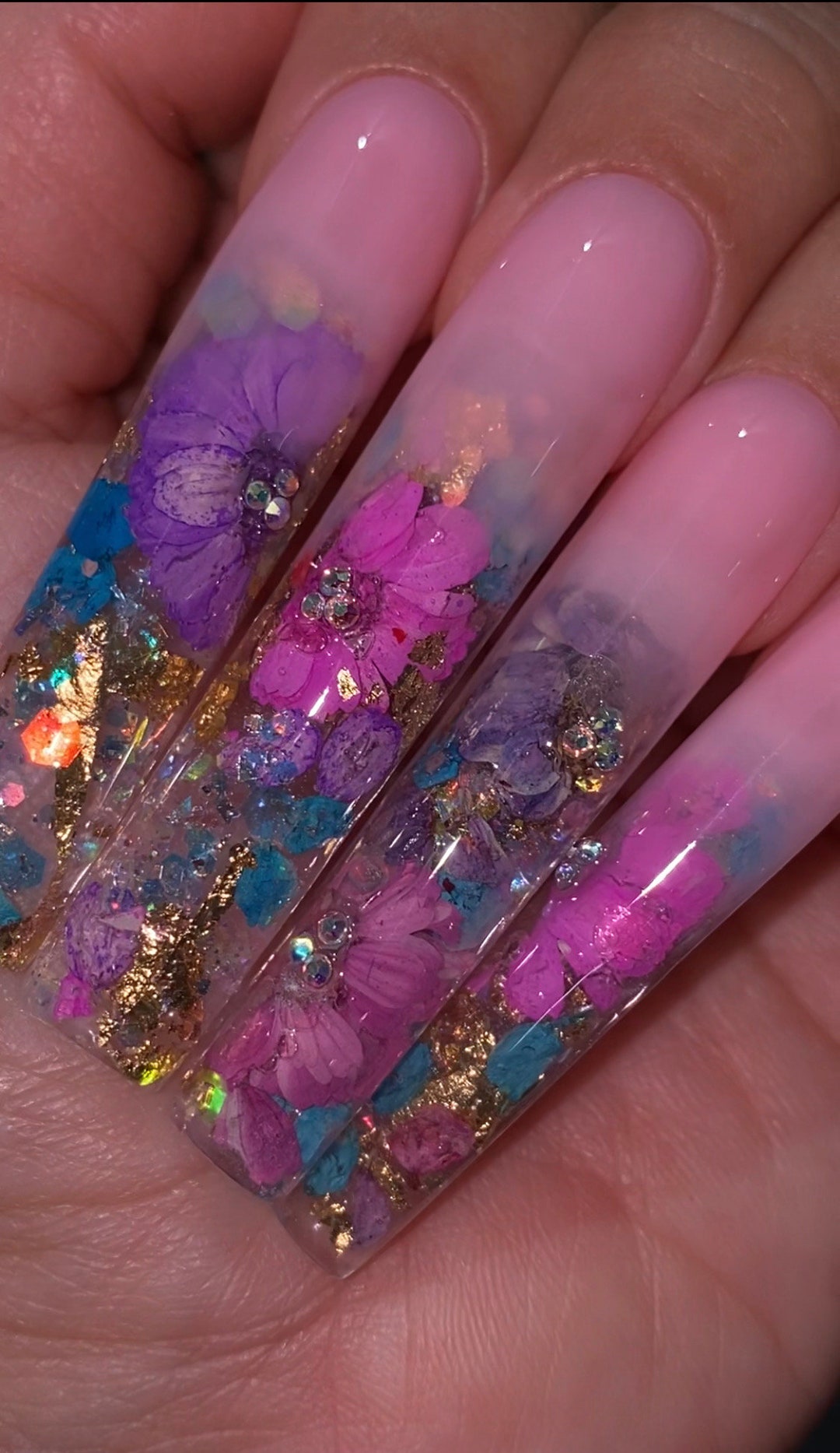 Encapsulated Flower Press on Nails , Size Small, Length 3XL, Ready to ...