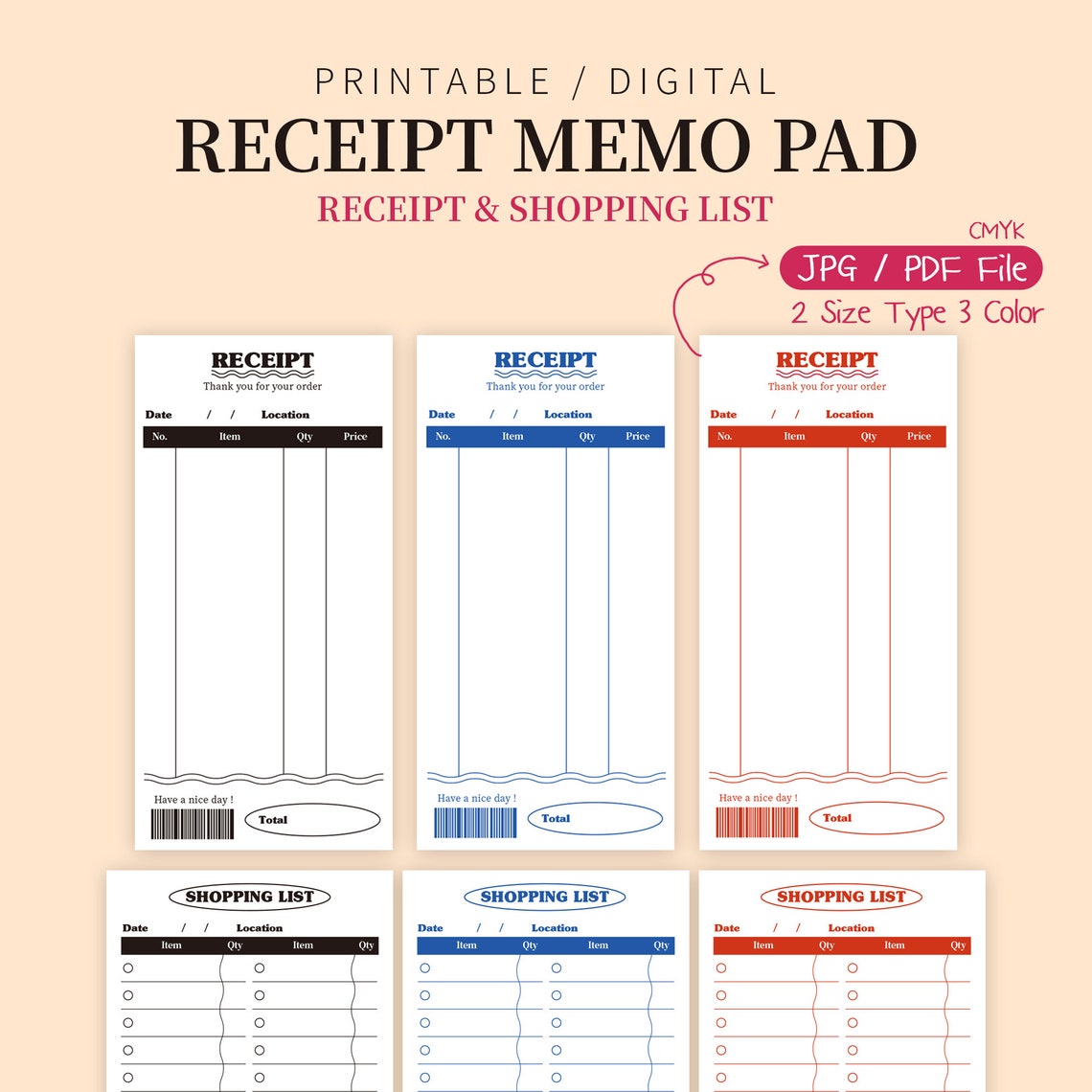 Simple Receipt & Shopping List Checklist Memo Pad Printable - Etsy