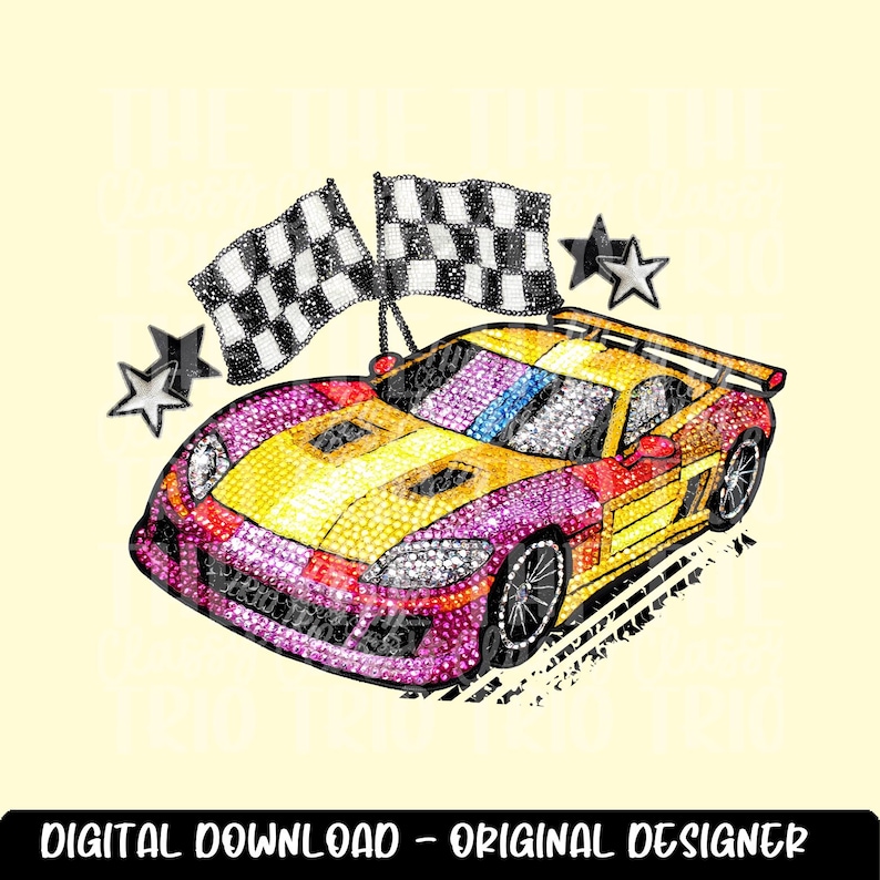Rhinestone Racing Car Design | Checkered Flag PNG (digital) - Etsy