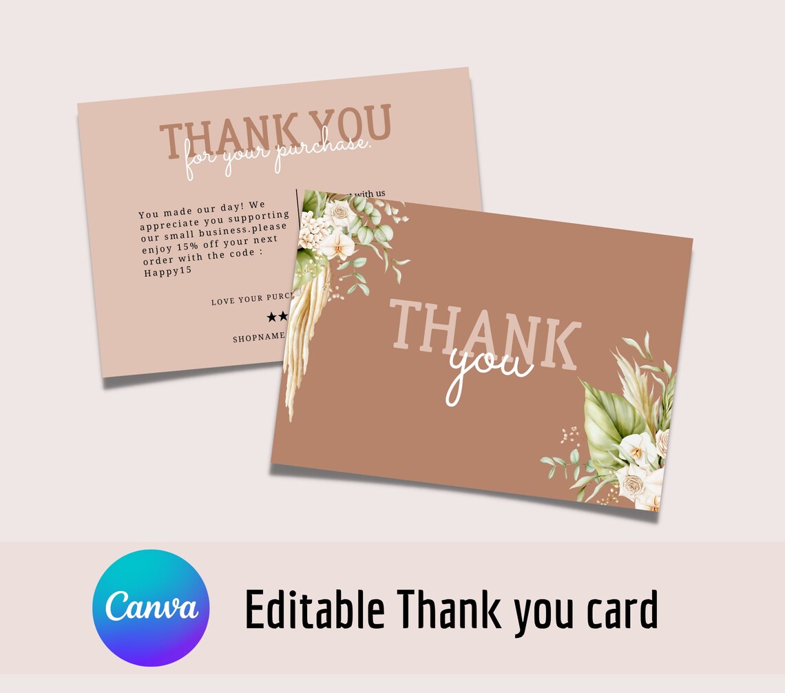 Custom Thank You Card Template Edit in Canva, Boho Thank You Card ...