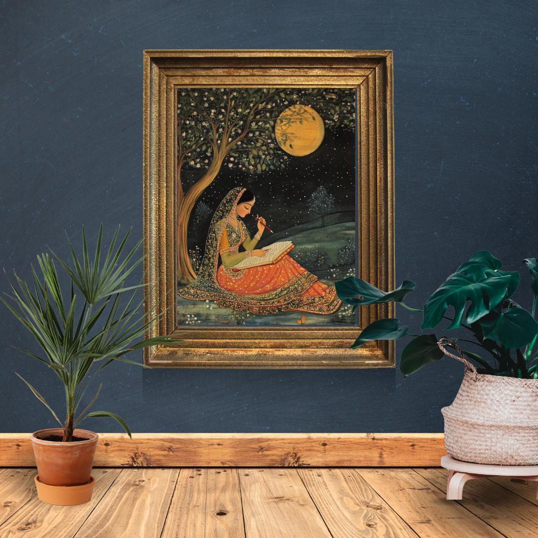 Mughal Art Portrait, Mughal Princess Writing in the Moonlight, Writing ...