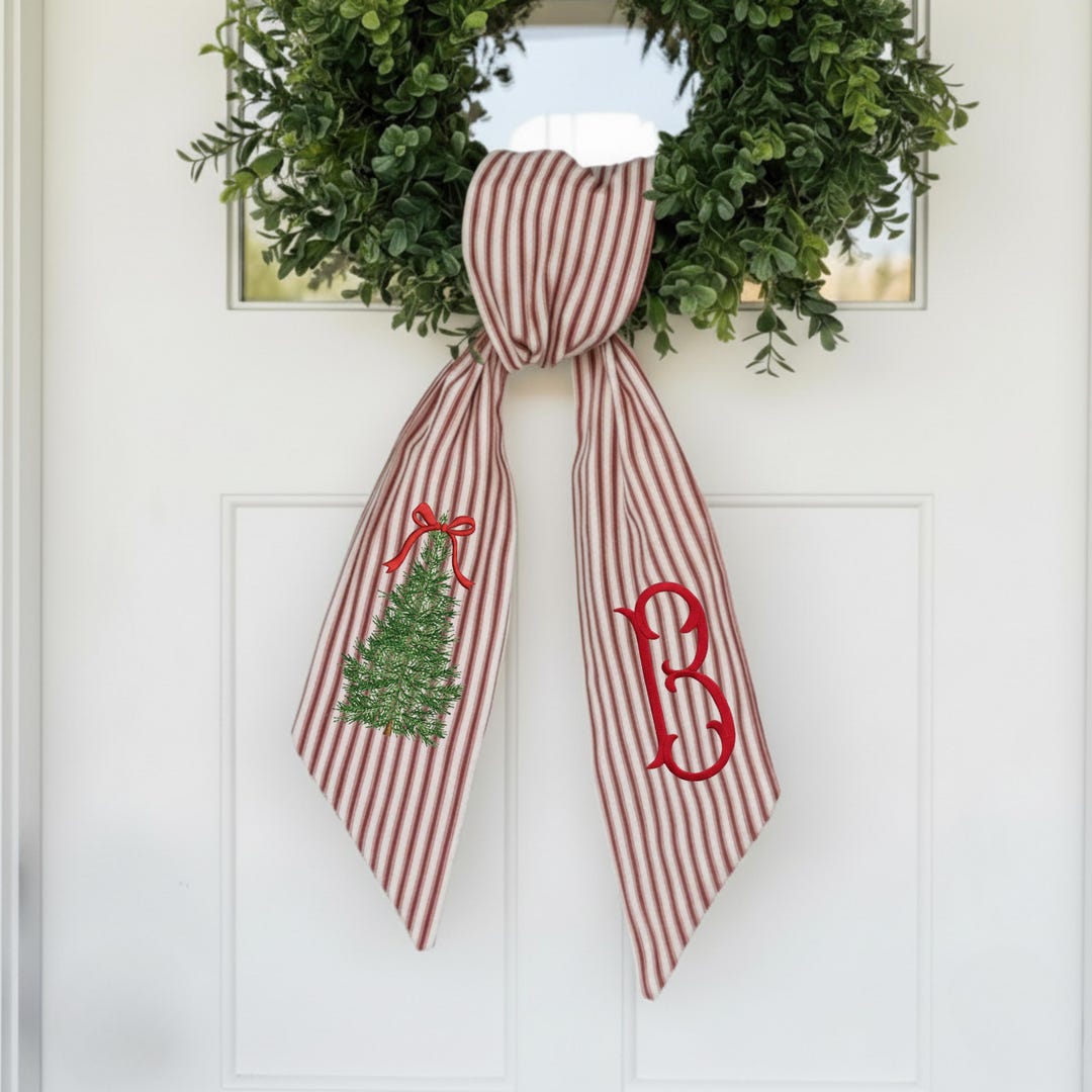 Personalized Christmas Tree Wreath Sash - Monogrammed Red Ticking ...