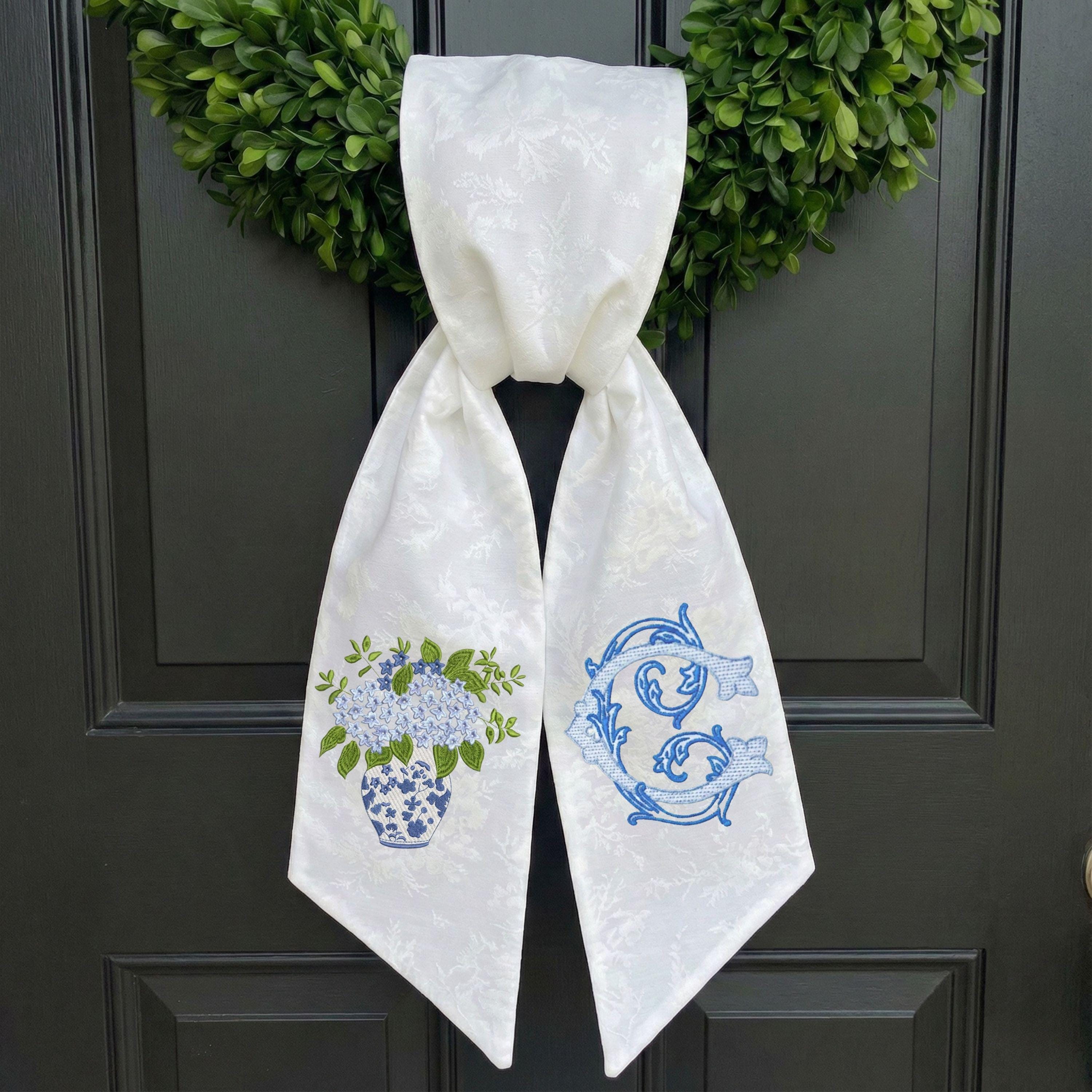 Hydrangea Monogrammed Wreath Sash, Custom Wreath Sash Embroidery ...
