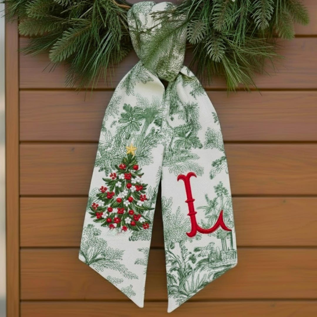 Personalized Toile Christmas Tree Wreath Sash – Custom Embroidered ...
