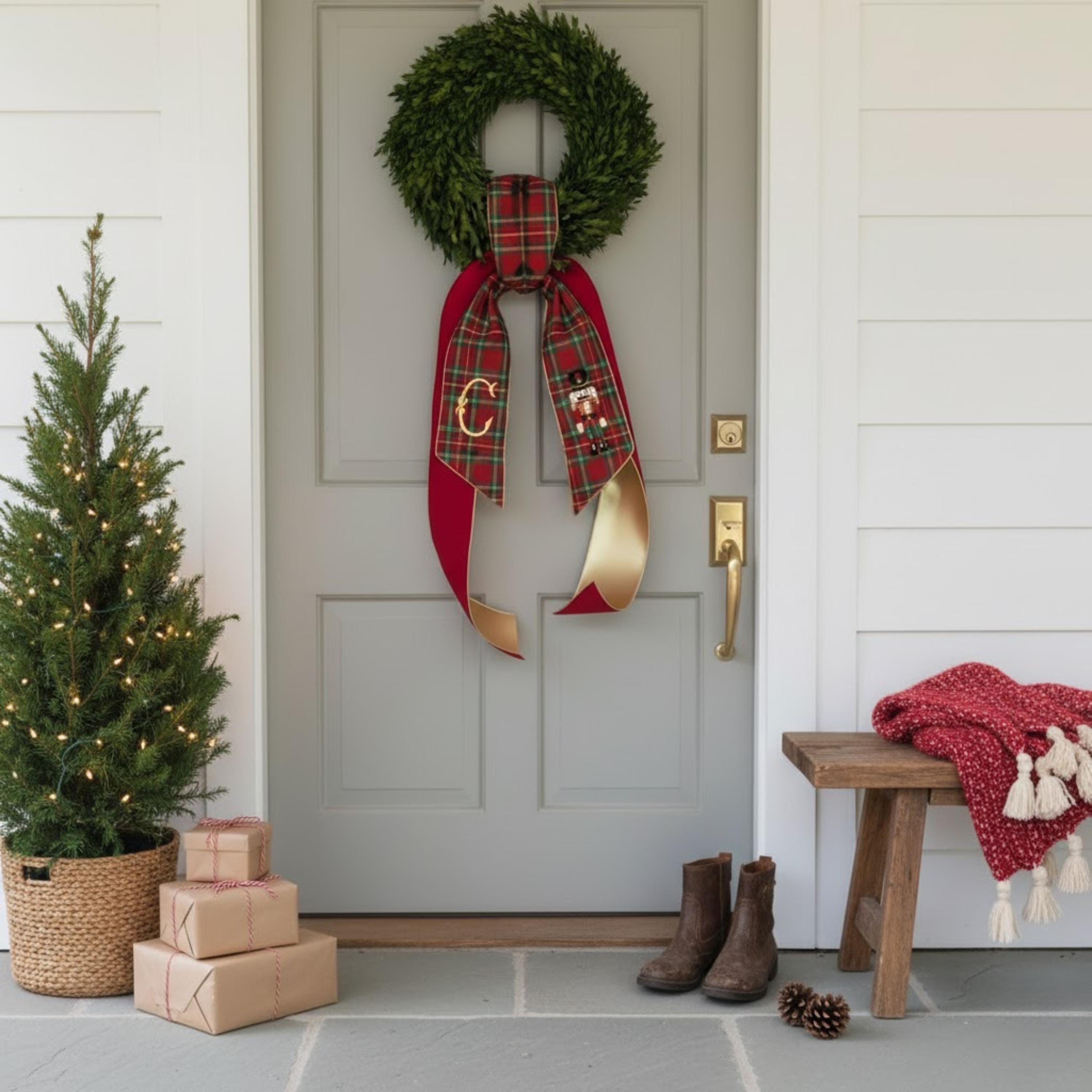 Embroidered Nutcracker Christmas Sash – Red Plaid Door Ribbon With Gold ...
