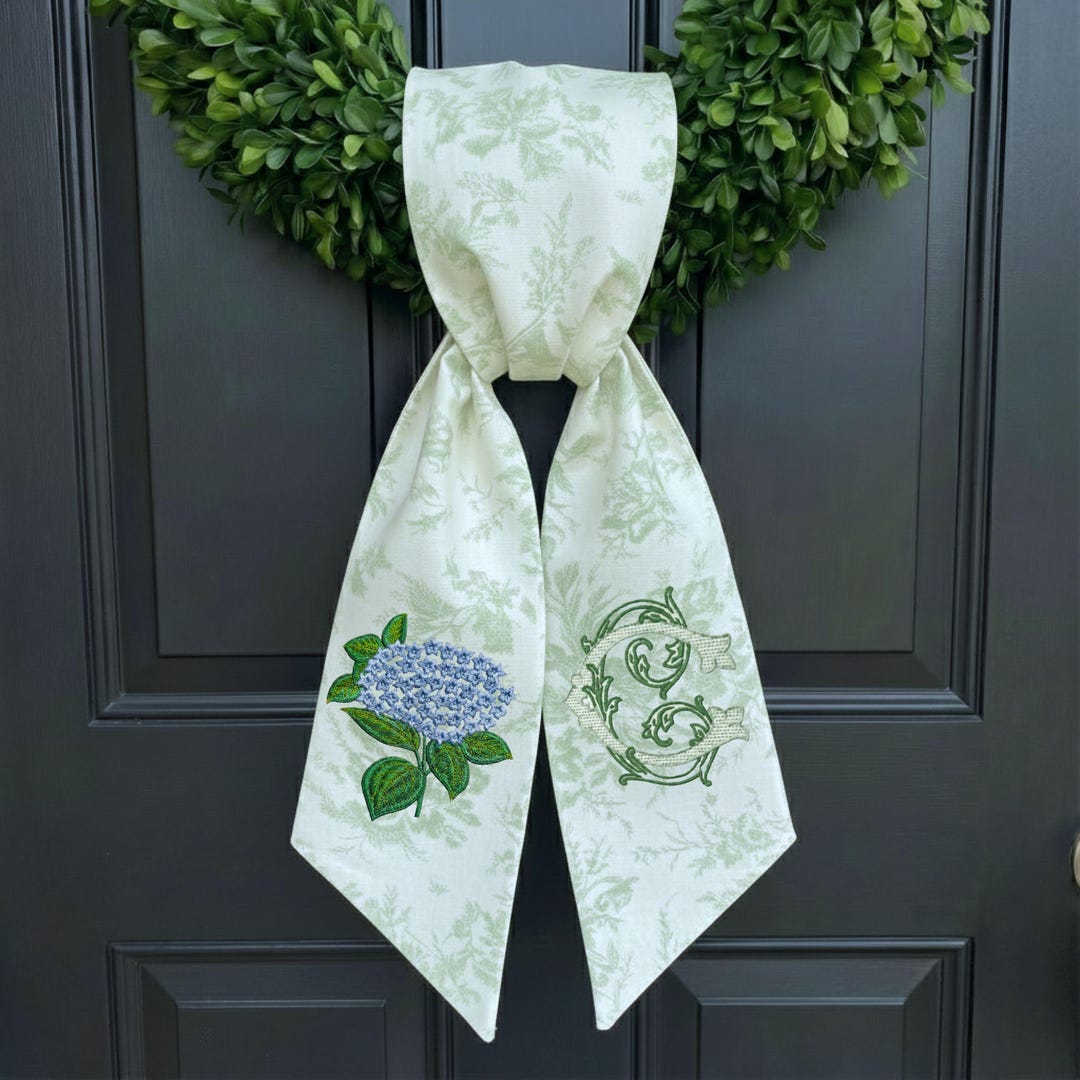 Wreath Sash Scalloped, Hydrangea Wreath Sash, Embroidered Door Decor ...