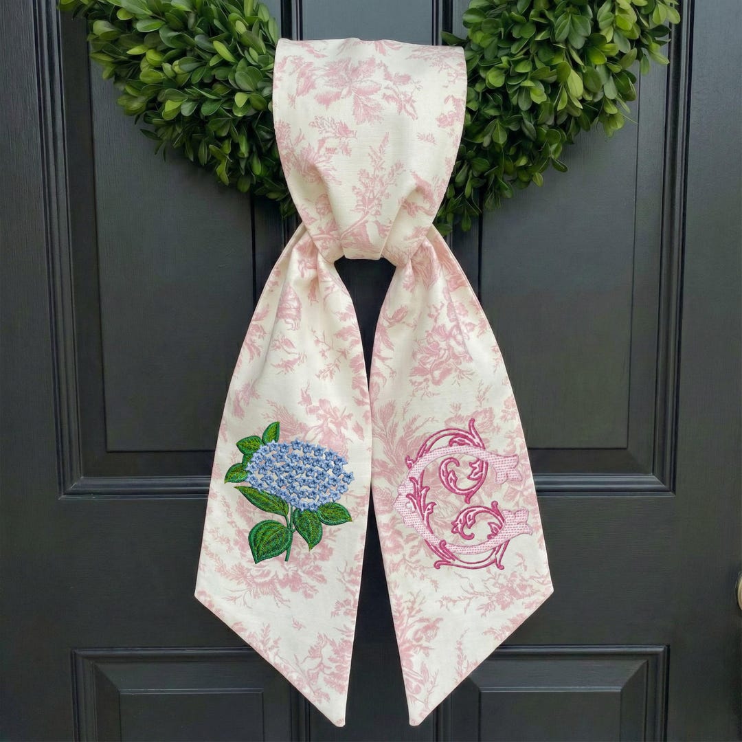 Personalized Monogram Sash, Summer Wreath Ribbon, Hydrangea Embroidered ...
