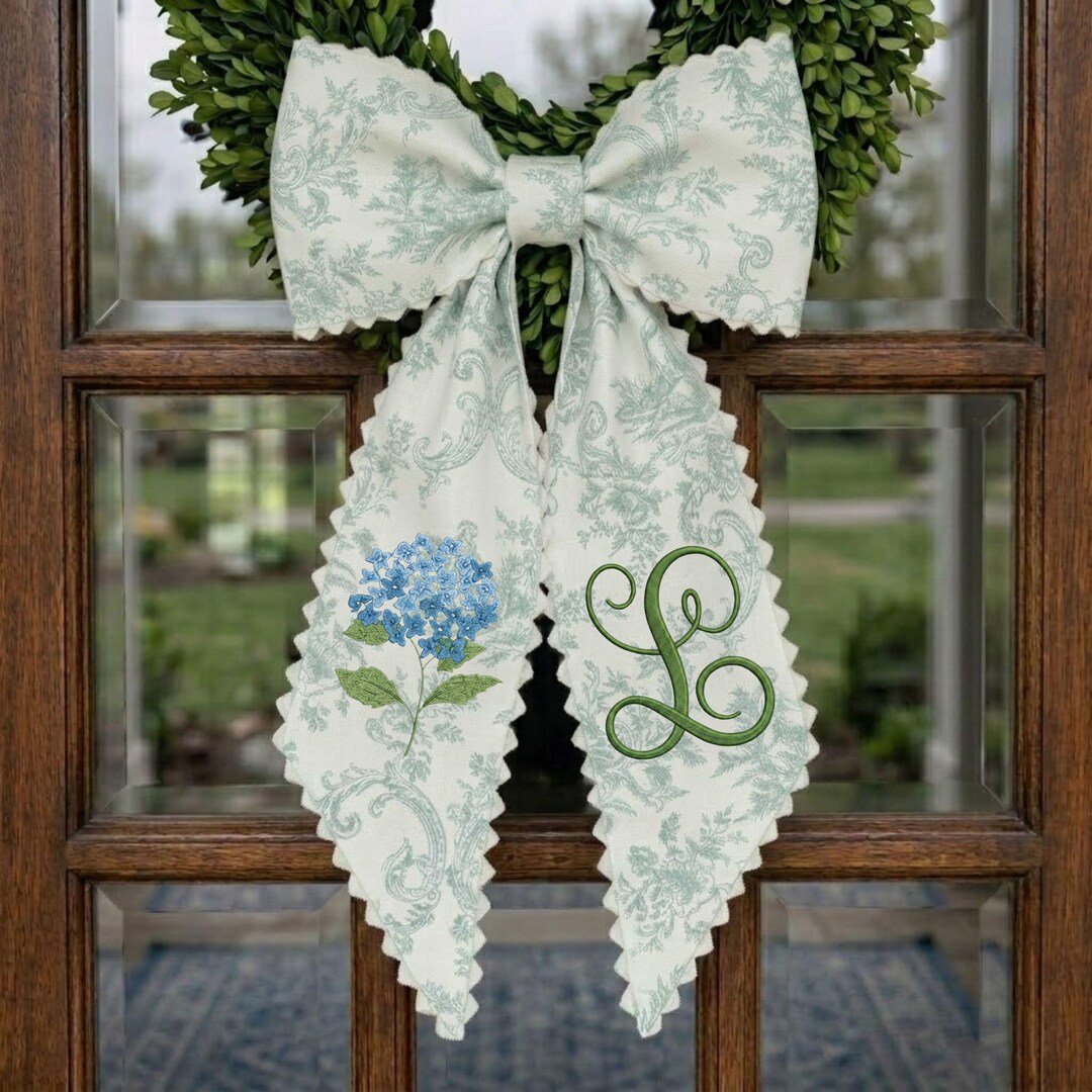 Custom Hydrangea Wreath Sash, Embroidered Front Door Bow, Spring Summer ...