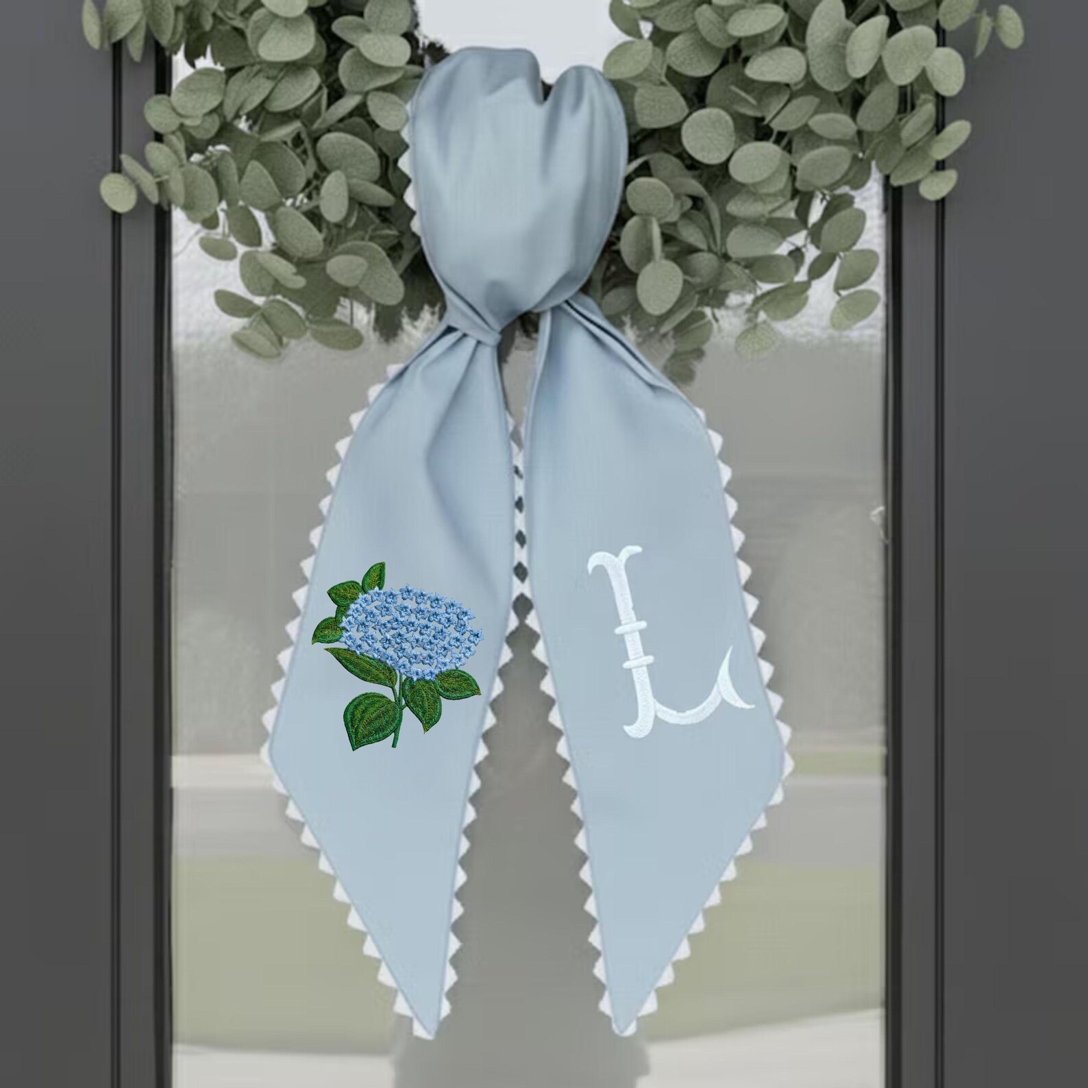 Personalized Light Blue Scalloped Hydrangea Wreath Sash, Wreath Sash ...