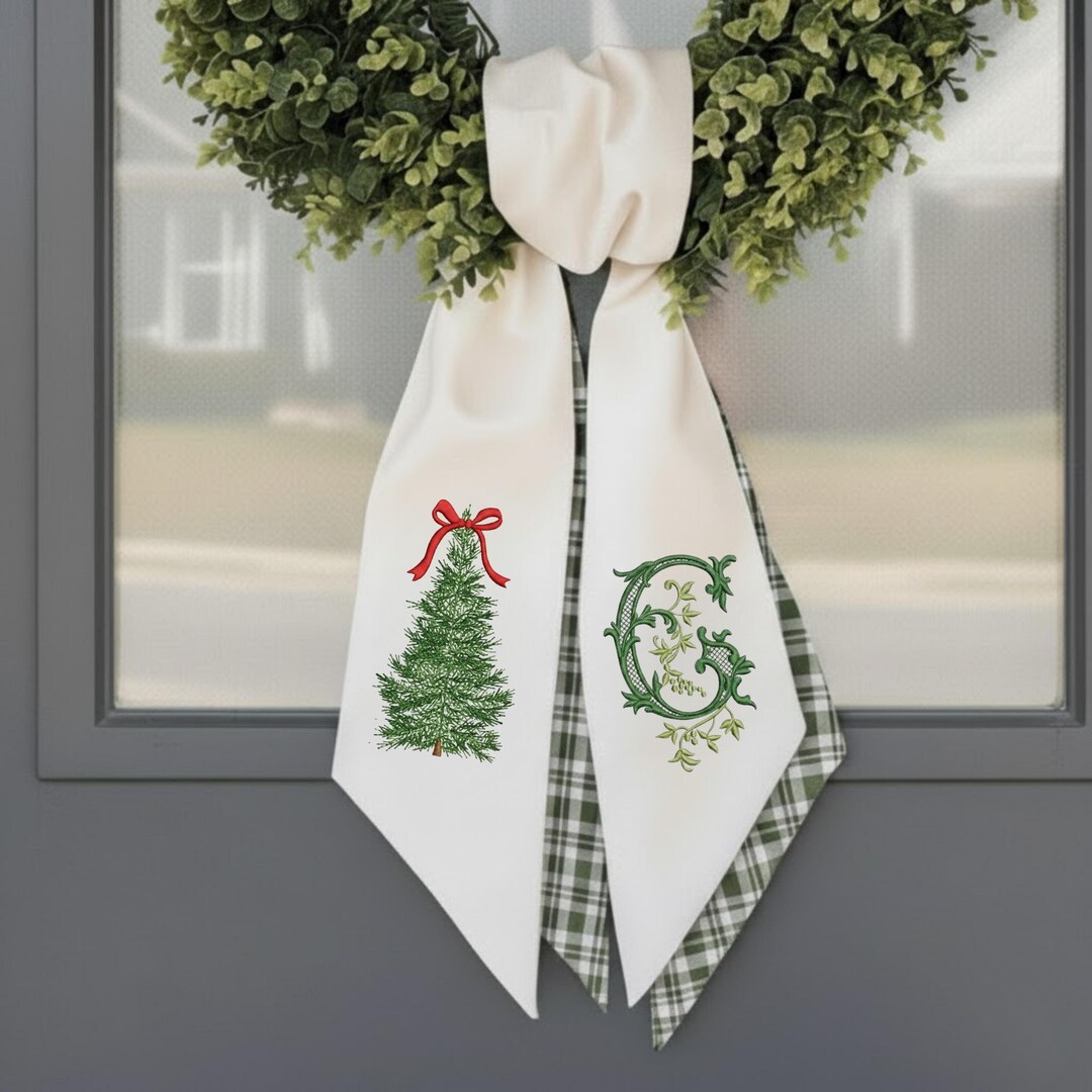 Monogrammed Christmas Tree Door Sash, Embroidered Christmas Tree With ...