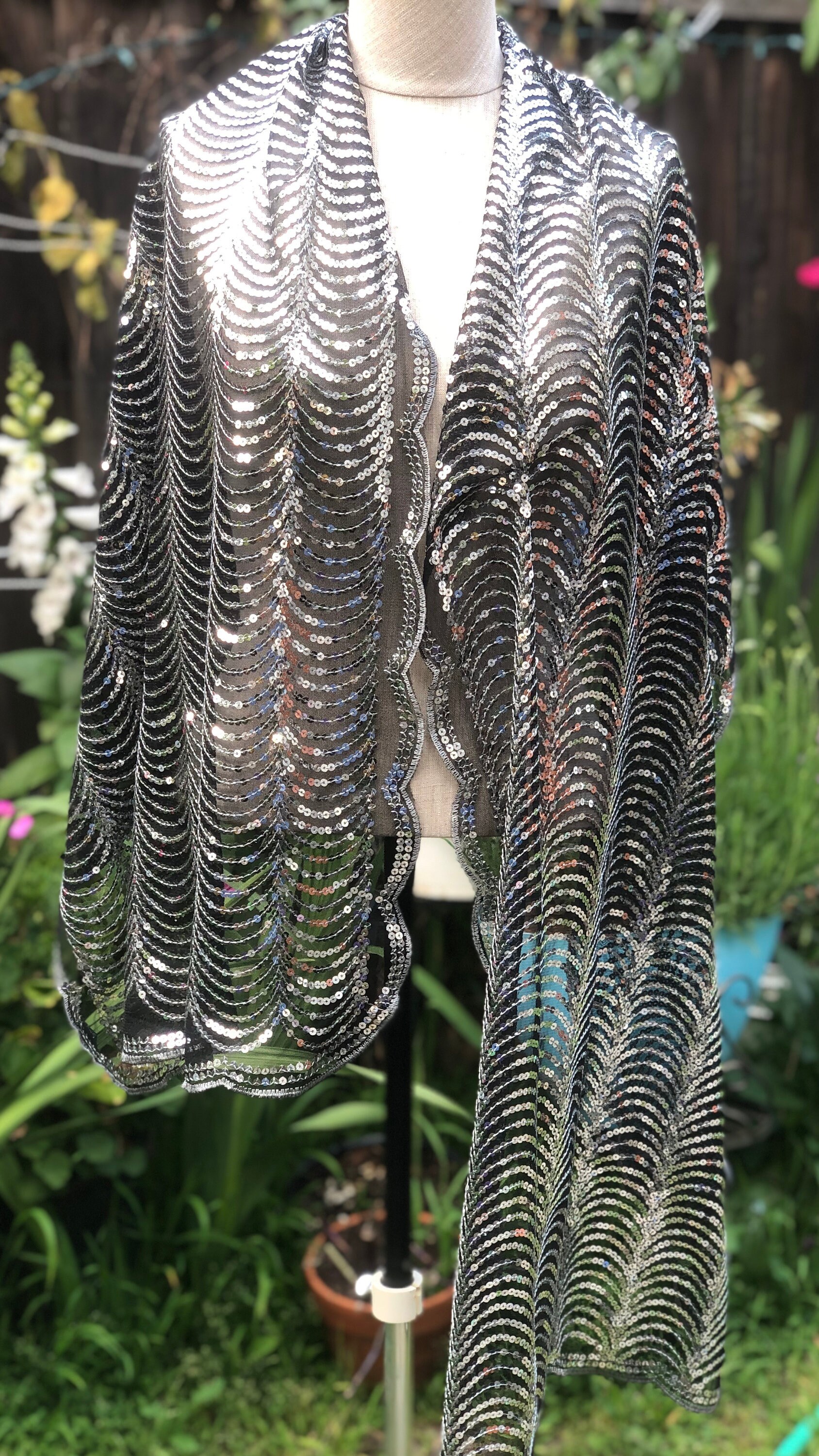 Embroidery Black Sheer Silver Sequin Embroidered Bling Mesh Women Scarf ...