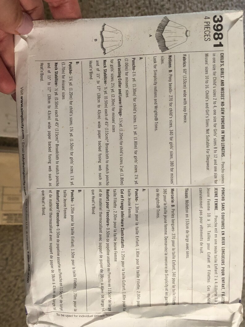 Simplicity 3981 No Sew Simple and Easy Child’s Girls and Misses Poncho ...