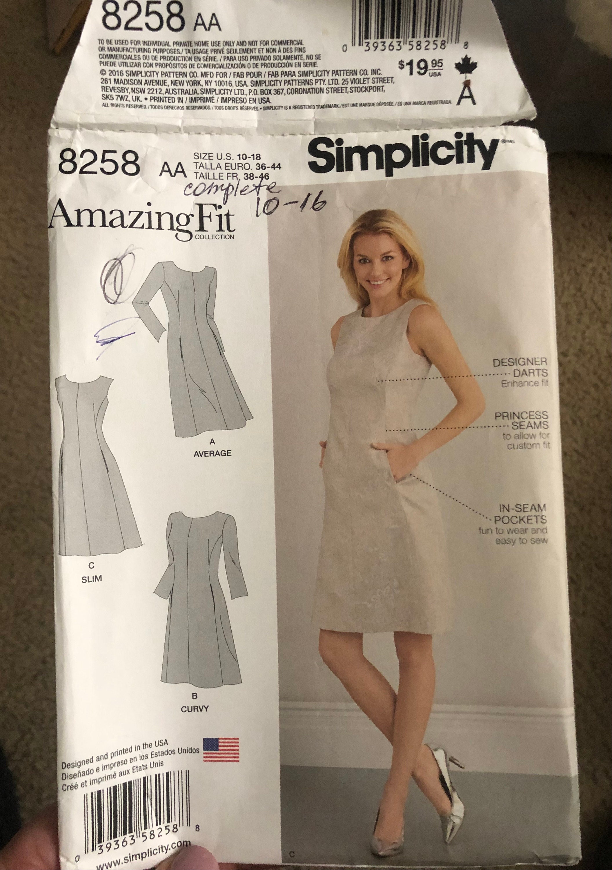 Simplicity 8258 Amazing Fit Collection Misses Sheath Dress Sz 10-12-14 ...