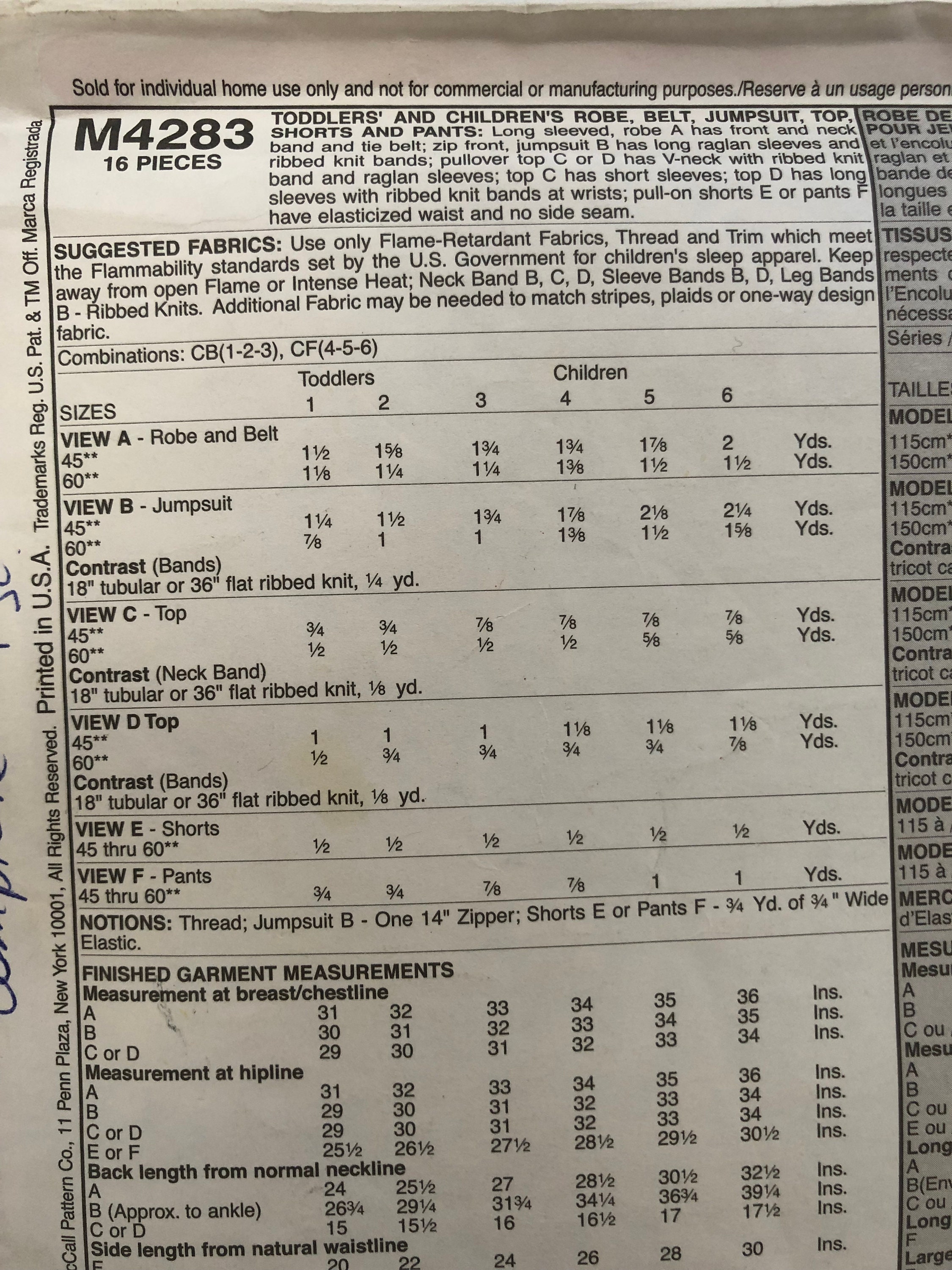 Mccalls 4283 Toddlers Sleepwear, Pajamas, Bathrobe, Jumpsuit, Top, Shorts, Pull on Sweatpants ...