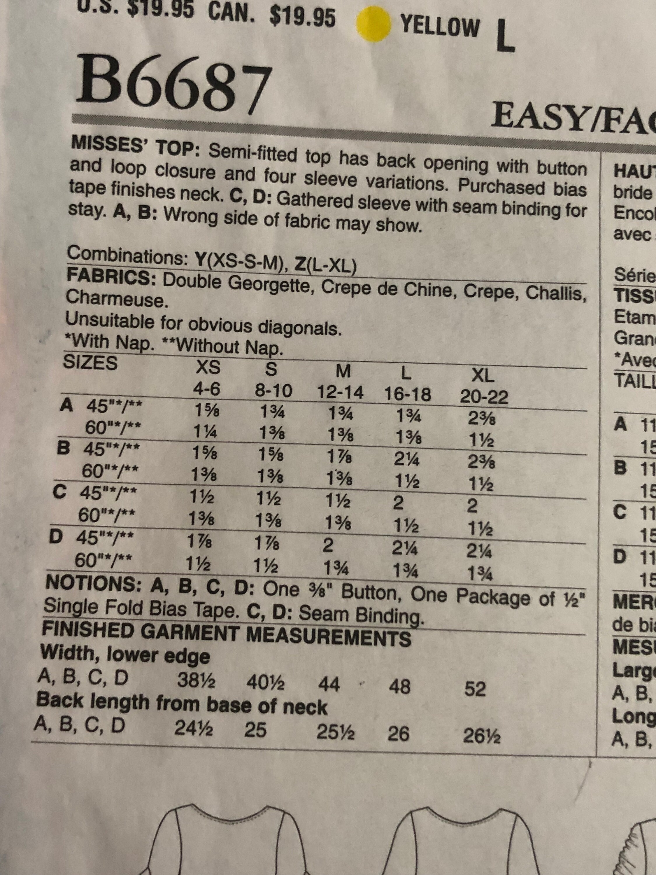 Butterick 6687 Misses Semi Fitted Pullover Top Sz L-XL Uncut Women ...