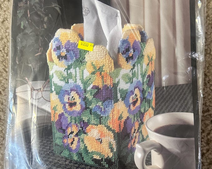 Bucilla Plastic Canvas 6165 Needlepoint Kit Pansies Tissue Box Cover ...
