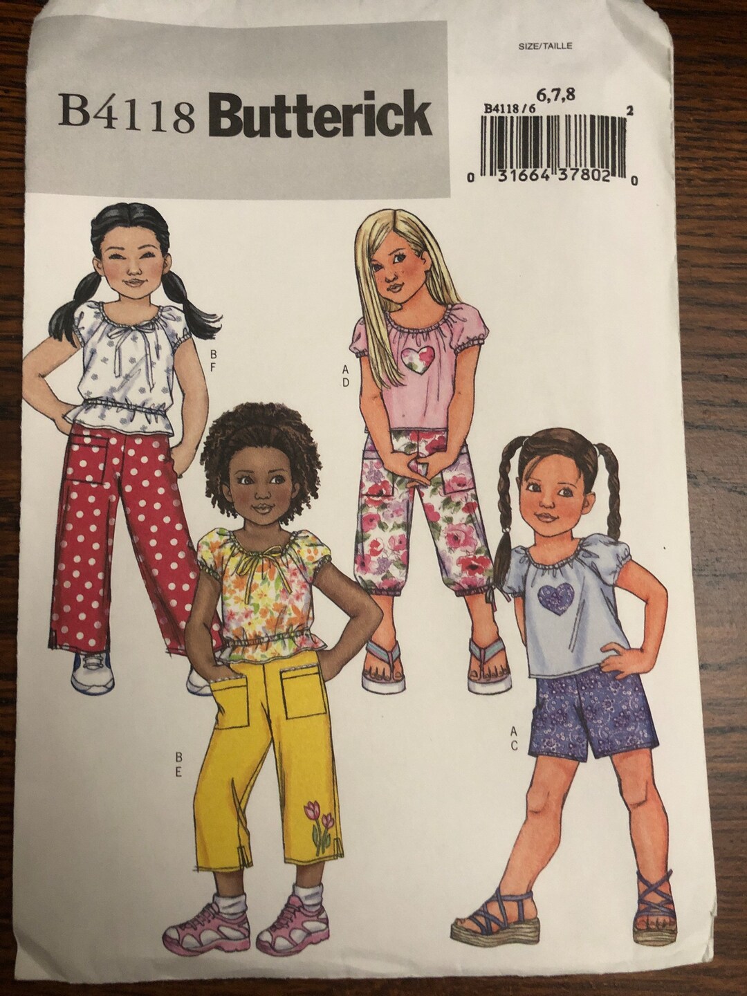 Butterick 4118 Girls Top, Pants, and Shorts Pattern, Kids Sz 6-7-8 Easy ...