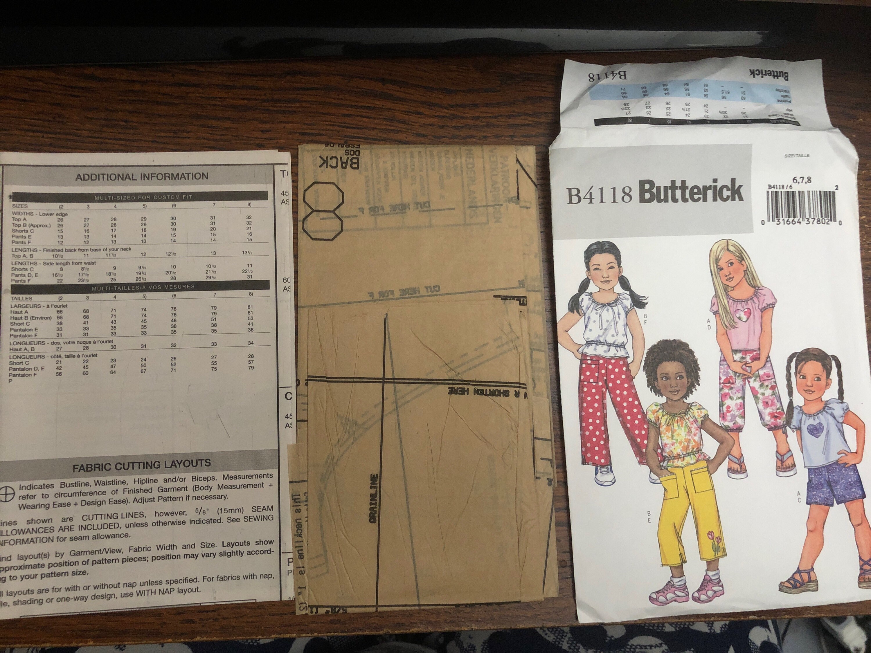 Butterick 4118 Girls Top, Pants, and Shorts Pattern, Kids Sz 6-7-8 Easy ...