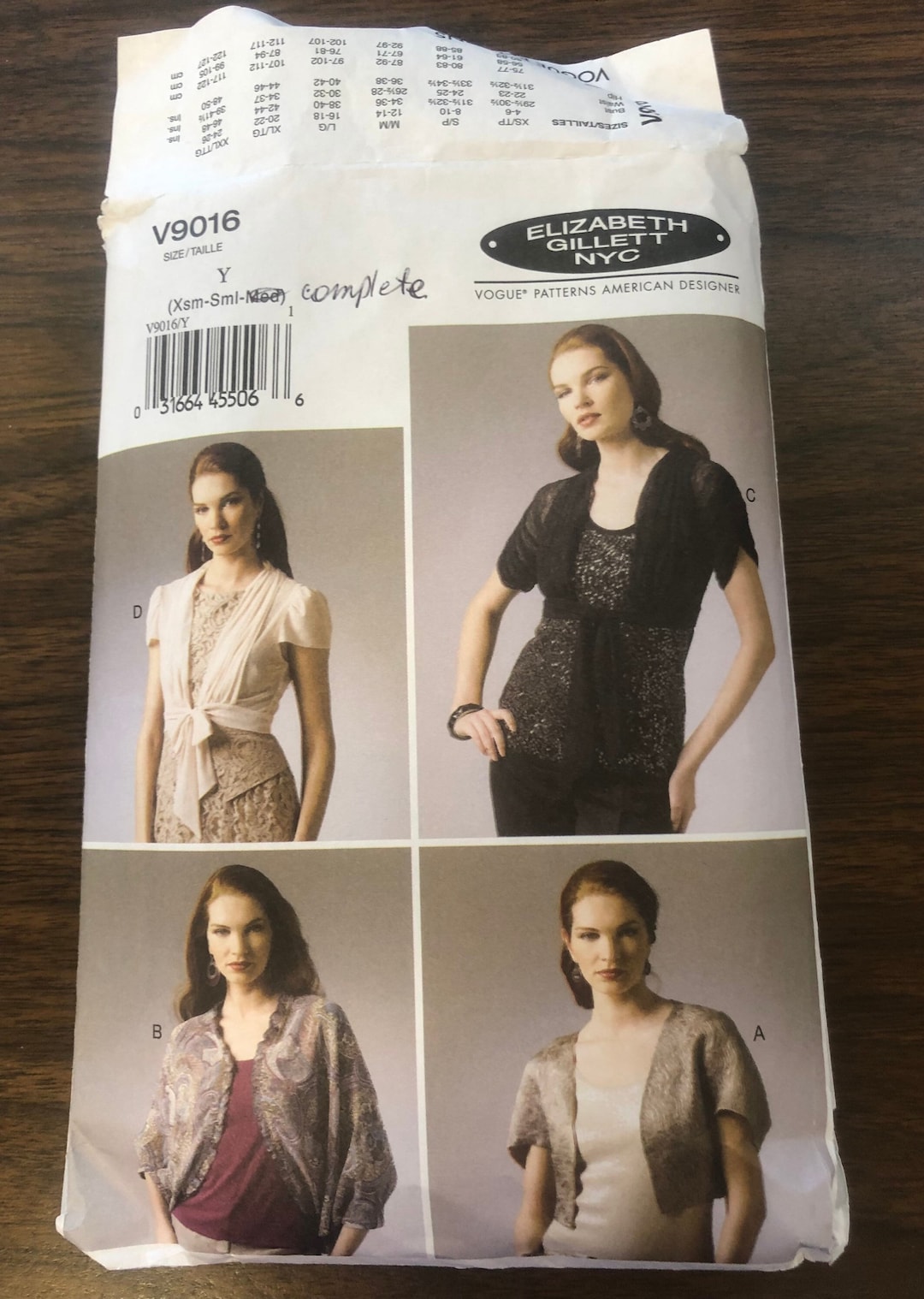 Vogue 9016 Misses Shrug, Above Waist Jackets, Women Clothing Sz Xsm-sml 4-6-8-10 Bust 29.5"-32.5 ...
