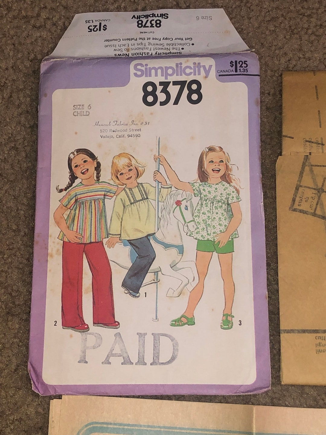 Simplicity 8378 Girls Loose Fitting Top Sz 6 Uncut Easy Kids Sewing ...