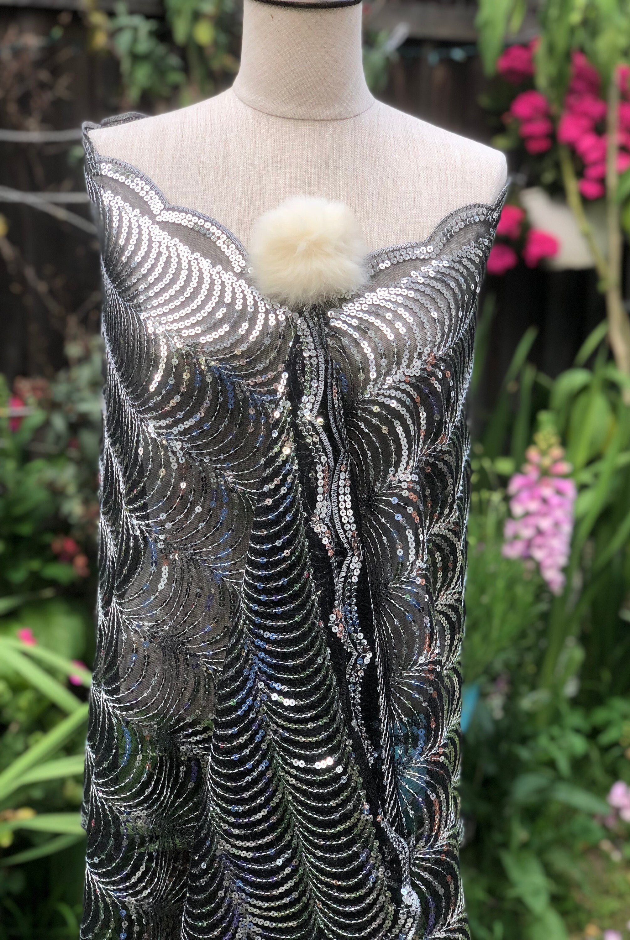 Embroidery Black Sheer Silver Sequin Embroidered Bling Mesh Women Scarf ...