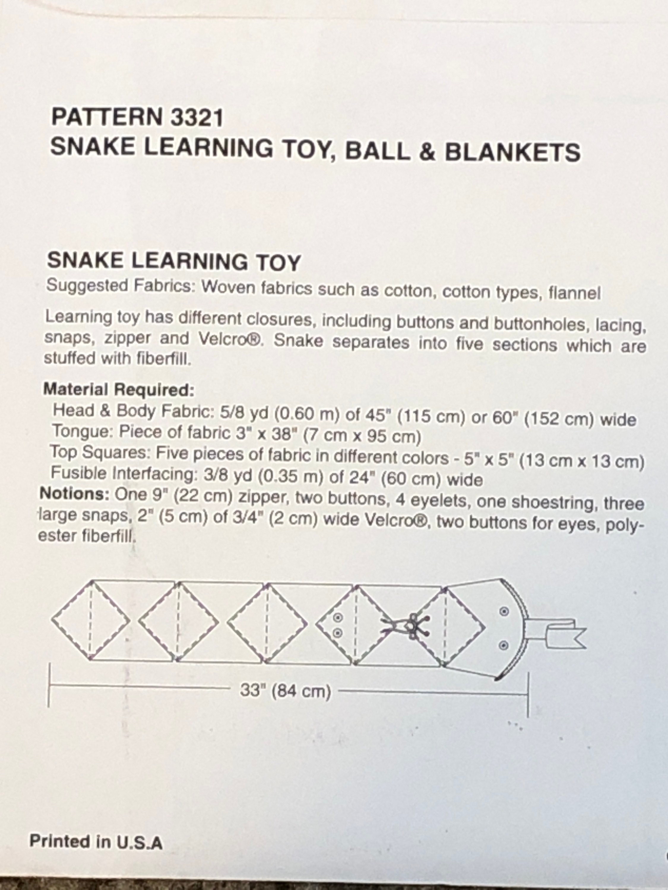 Kwik Sew 3321 Crafts Snake Learning Toy Ball Education Baby Blankets Uncut Easy Sewing Pattern ...