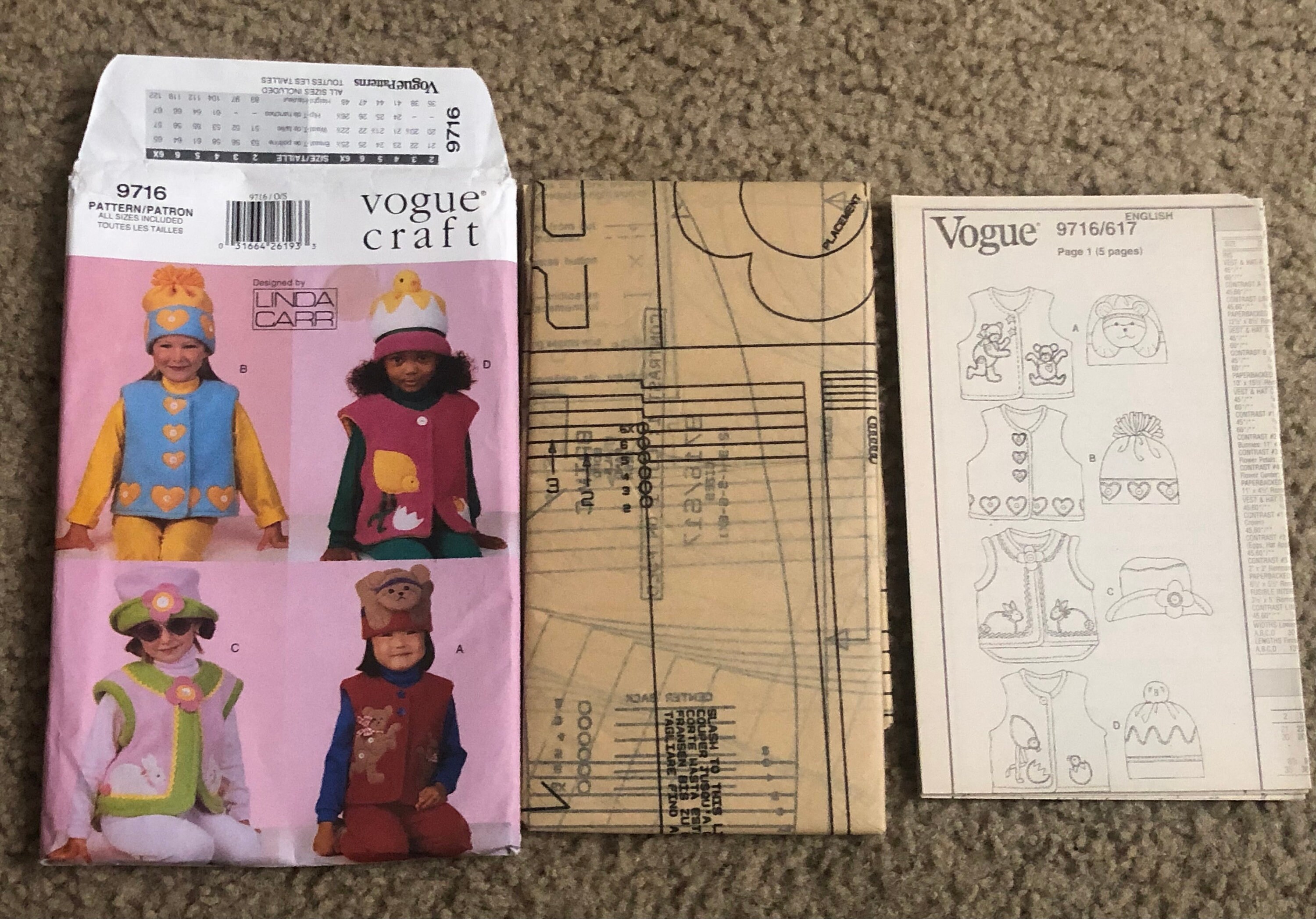 Vogue Craft 9716 Girls Appliquéd Vests and Hats Sz 2-3-4-5-6-6X Uncut ...