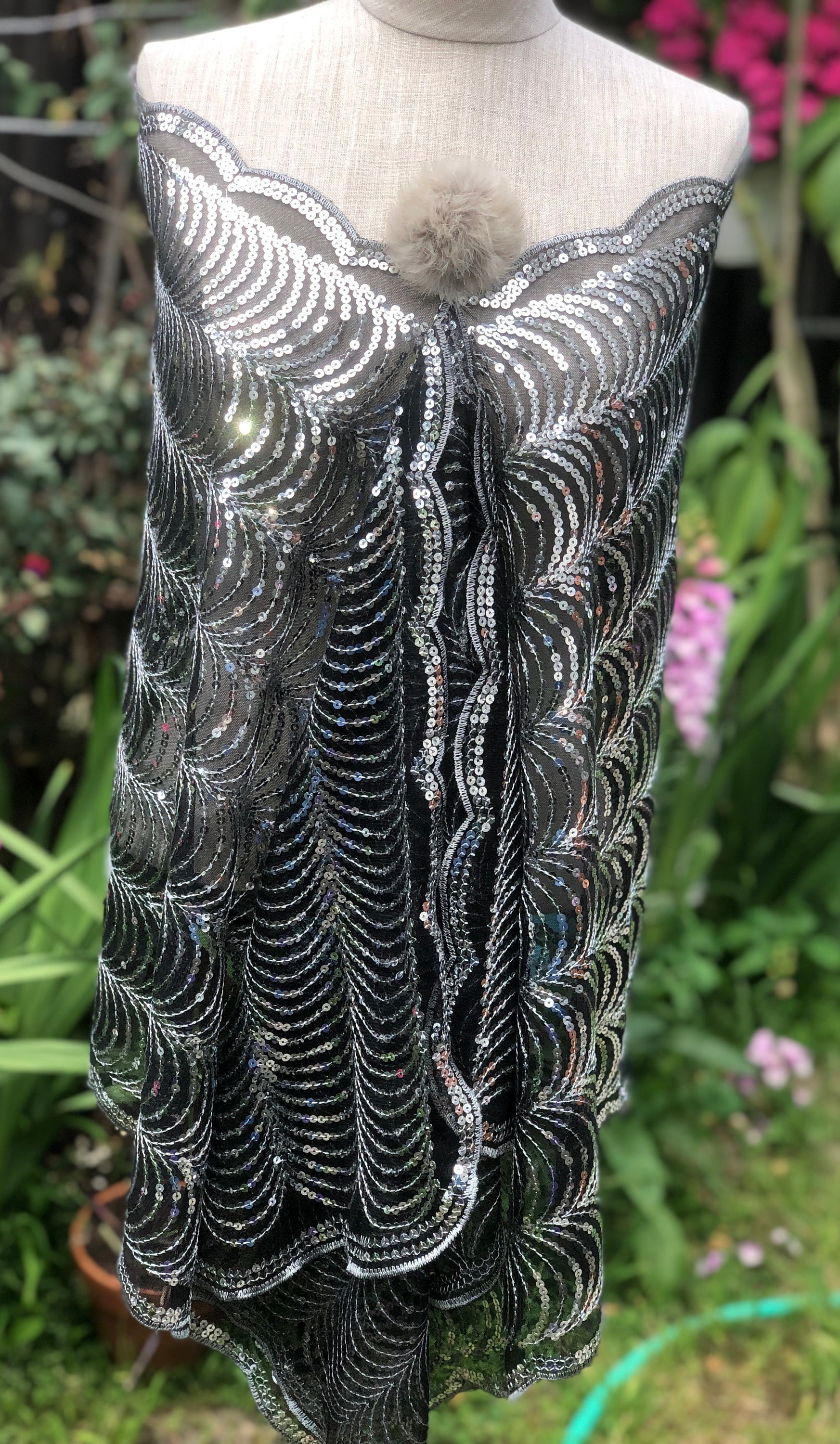 Embroidery Black Sheer Silver Sequin Embroidered Bling Mesh Women Scarf ...