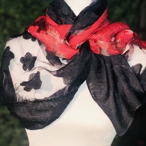 Floral Embroidery Sheer Scarf Flower Red & Black Shoulder Cover Wrap ...