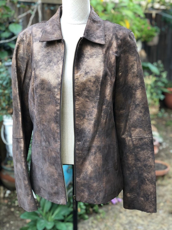 Soft genuine leather metallic bronze blazer crop top … - Gem
