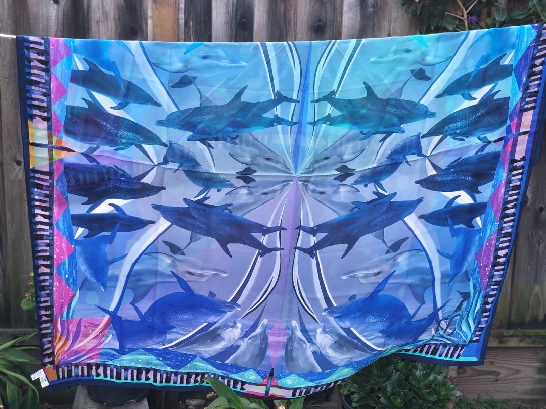 Silk Shoulder Cover Wrap Shawl Dolphins Art Deco Vibrant Color Undersea ...