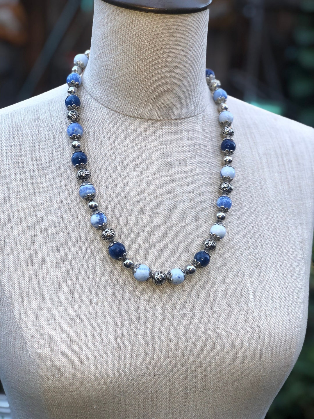 Blue Gemstone String Beadwork Short Necklace Chunky Beaded Toggle ...
