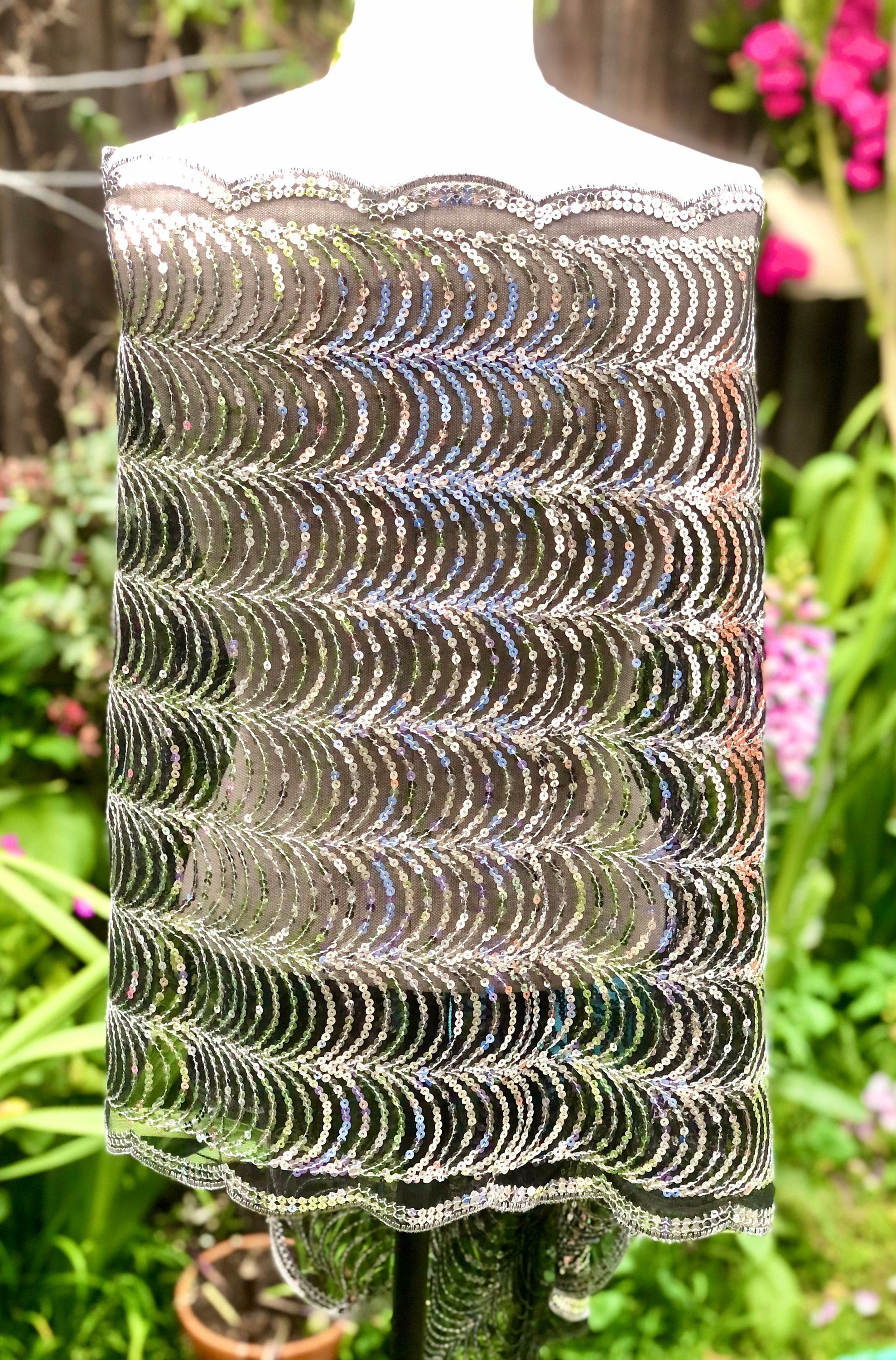 Embroidery Black Sheer Silver Sequin Embroidered Bling Mesh Women Scarf ...