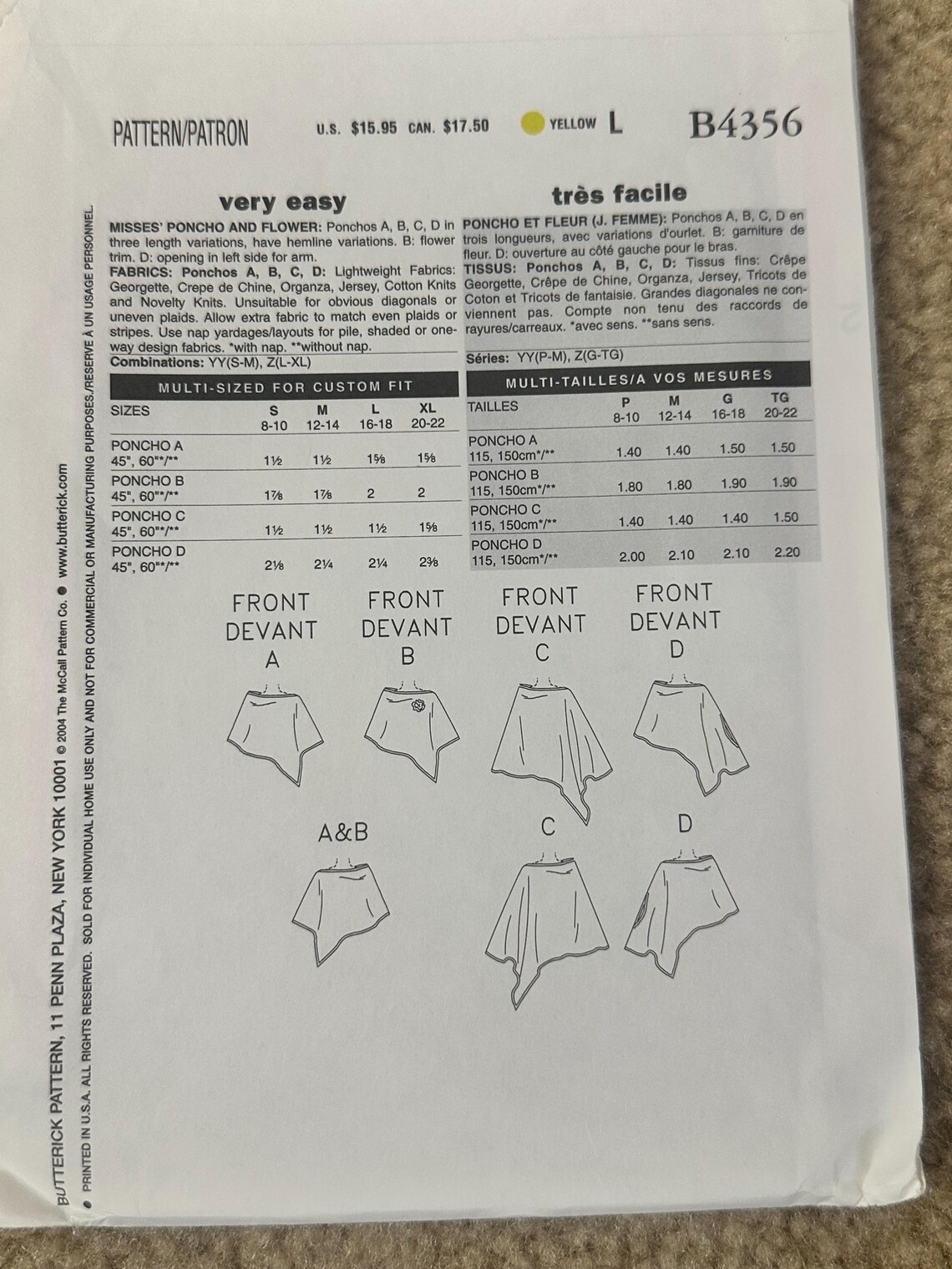 Butterick 4356 Overlay Shoulder Cover up Poncho Capelet Capes Shawls ...