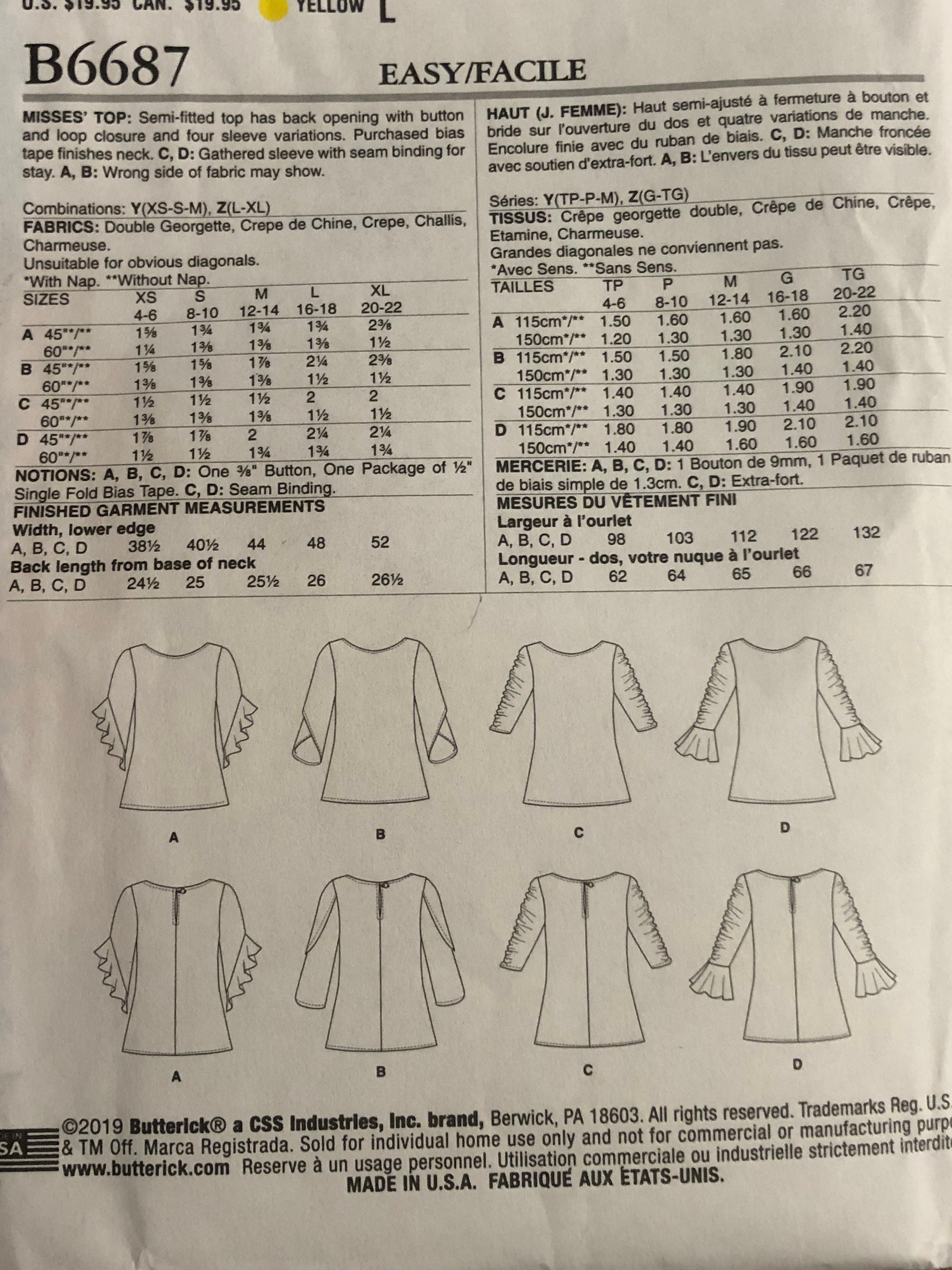 Butterick 6687 Misses Semi Fitted Pullover Top Sz L-XL Uncut Women ...