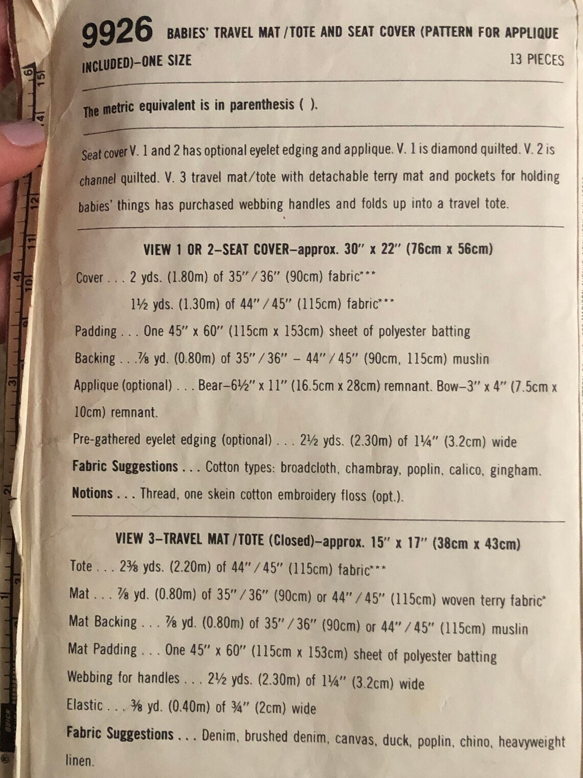 Simplicity 9926 Babies' Accessories Travel Mat, Tote and Seat Cover ...