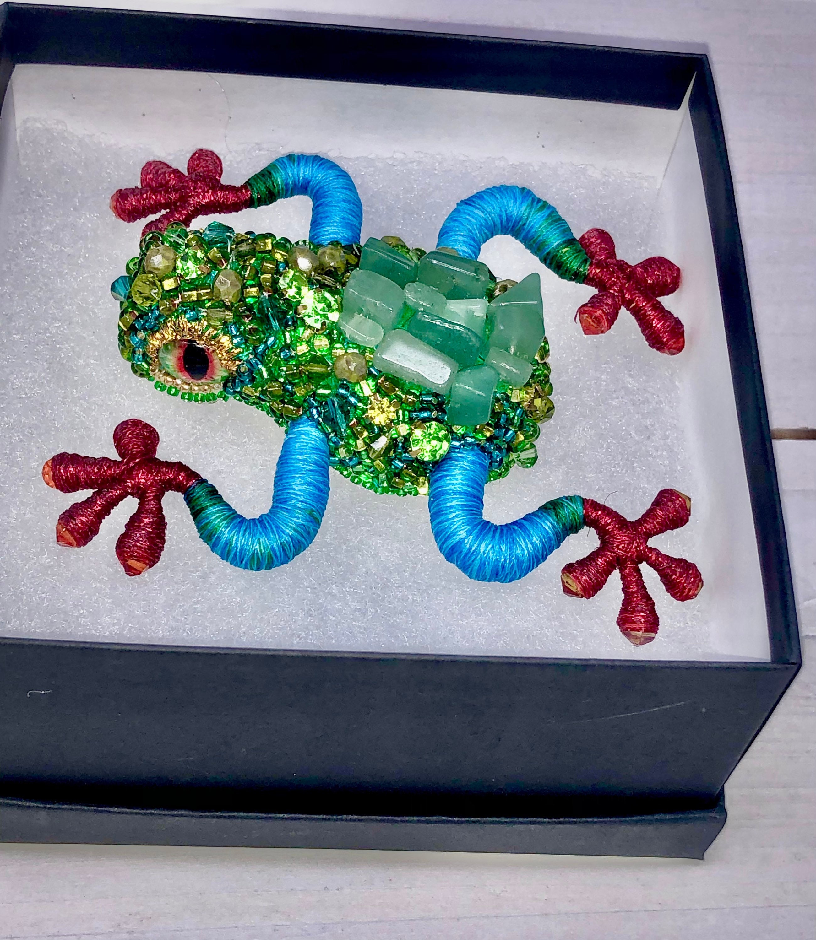 Handmade 3d Beadwork Embroidered Toad Pin Beaded W Amazonite Red Eye ...