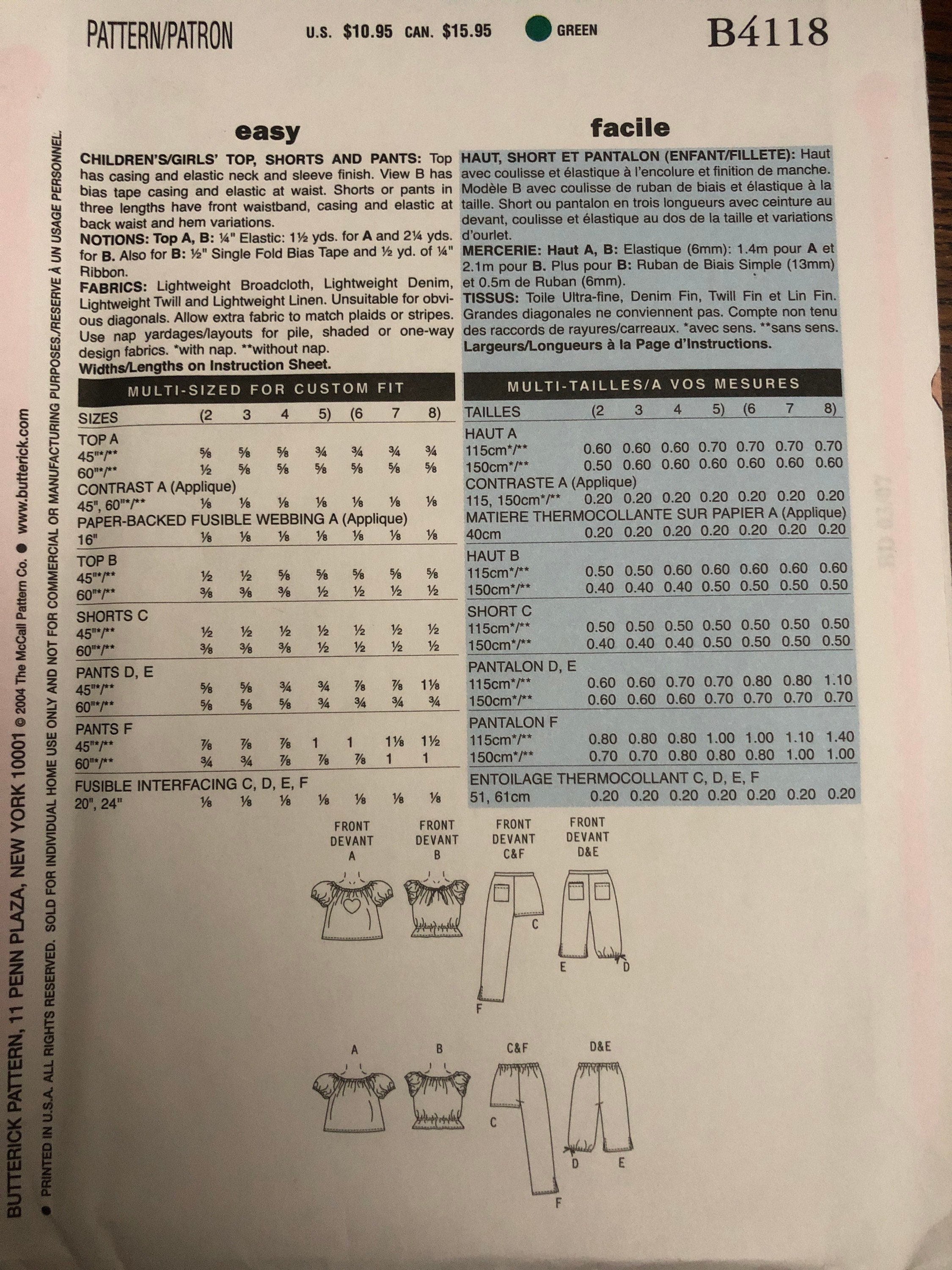 Butterick 4118 Girls Top, Pants, and Shorts Pattern, Kids Sz 6-7-8 Easy ...