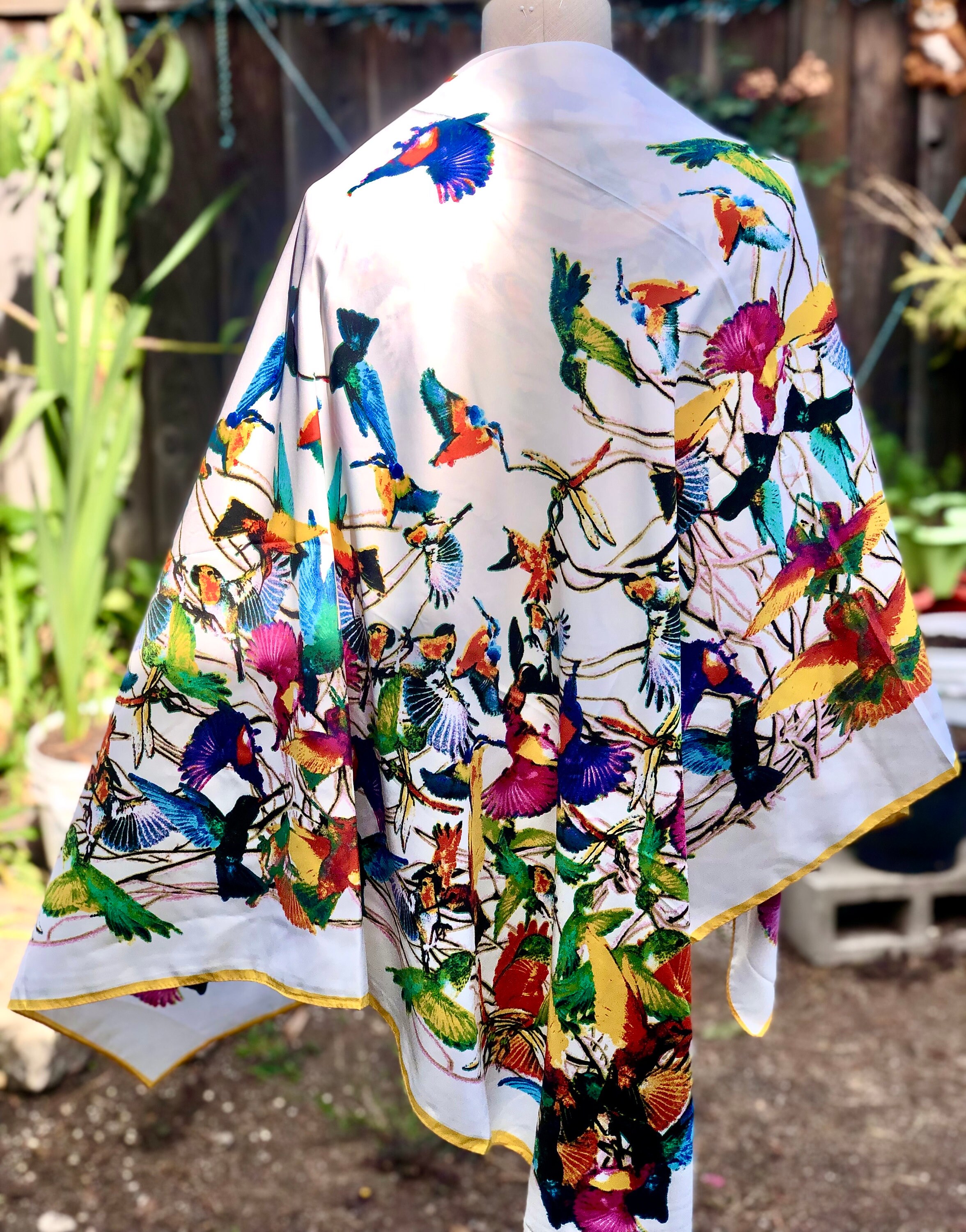 Big Square Silk Shoulder Cover Wrap Shawl With Hummingbirds Art Deco ...