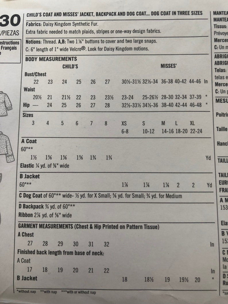 Simplicity 2530 Childs Misses' Coat, Jacket, Backpack, and Dog Coat ...