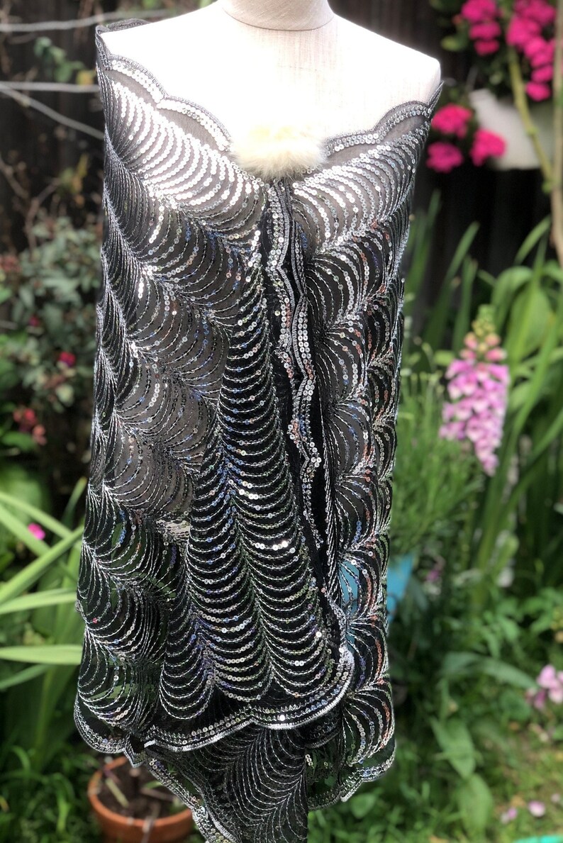 Embroidery Black Sheer Silver Sequin Embroidered Bling Mesh Women Scarf ...