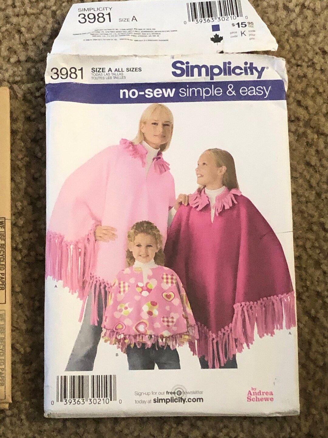 Simplicity 3981 No Sew Simple and Easy Child’s Girls and Misses Poncho ...