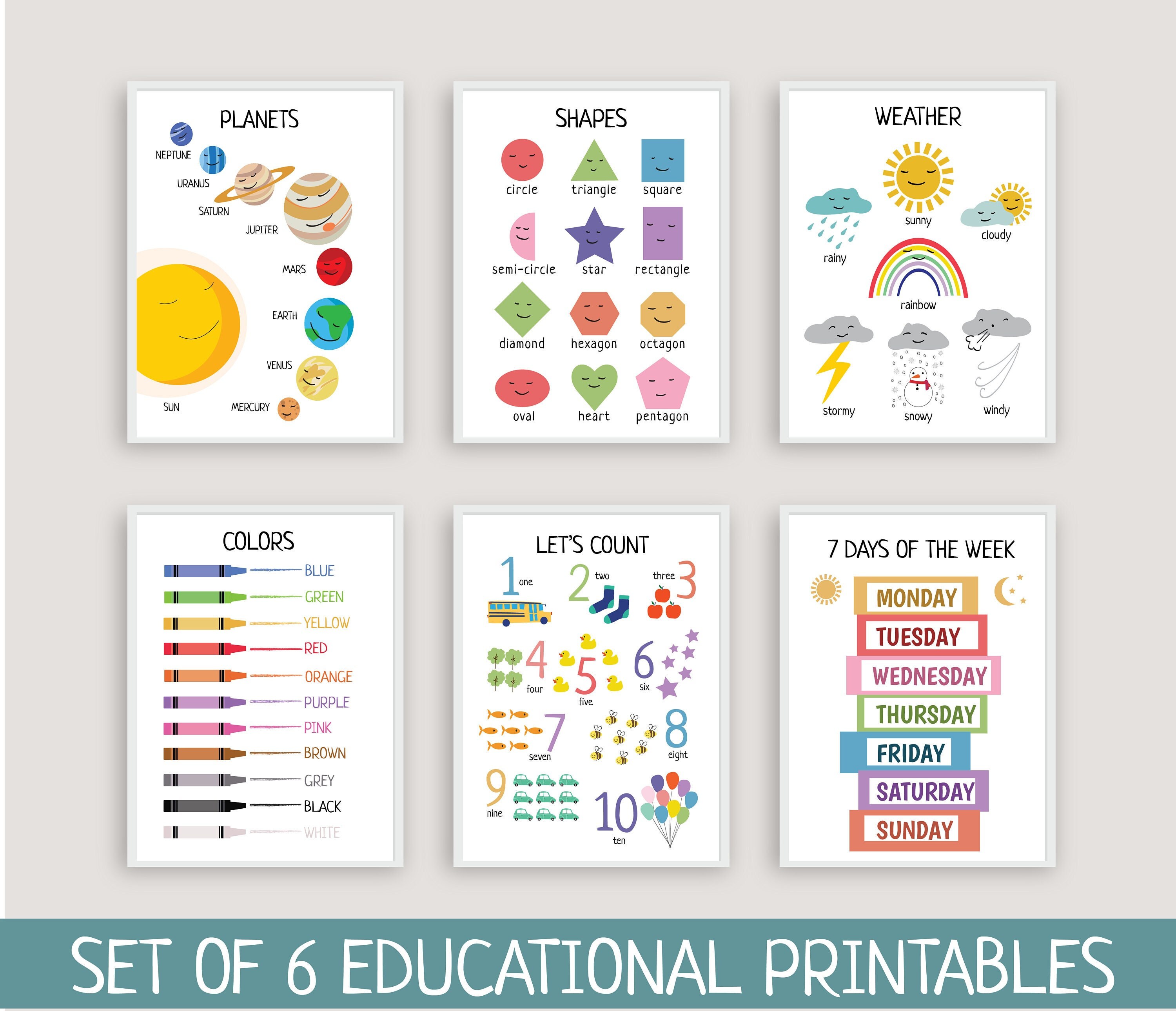 Set of 6 Educational Preschool Print Posters, Classroom Decor, Solar ...